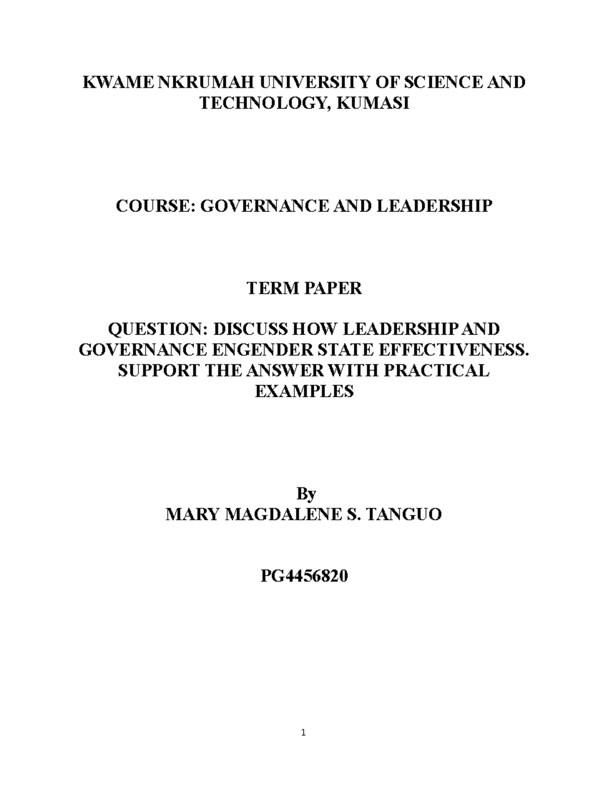 TERM Paper Governance - KWAME NKRUMAH UNIVERSITY OF SCIENCE AND ...