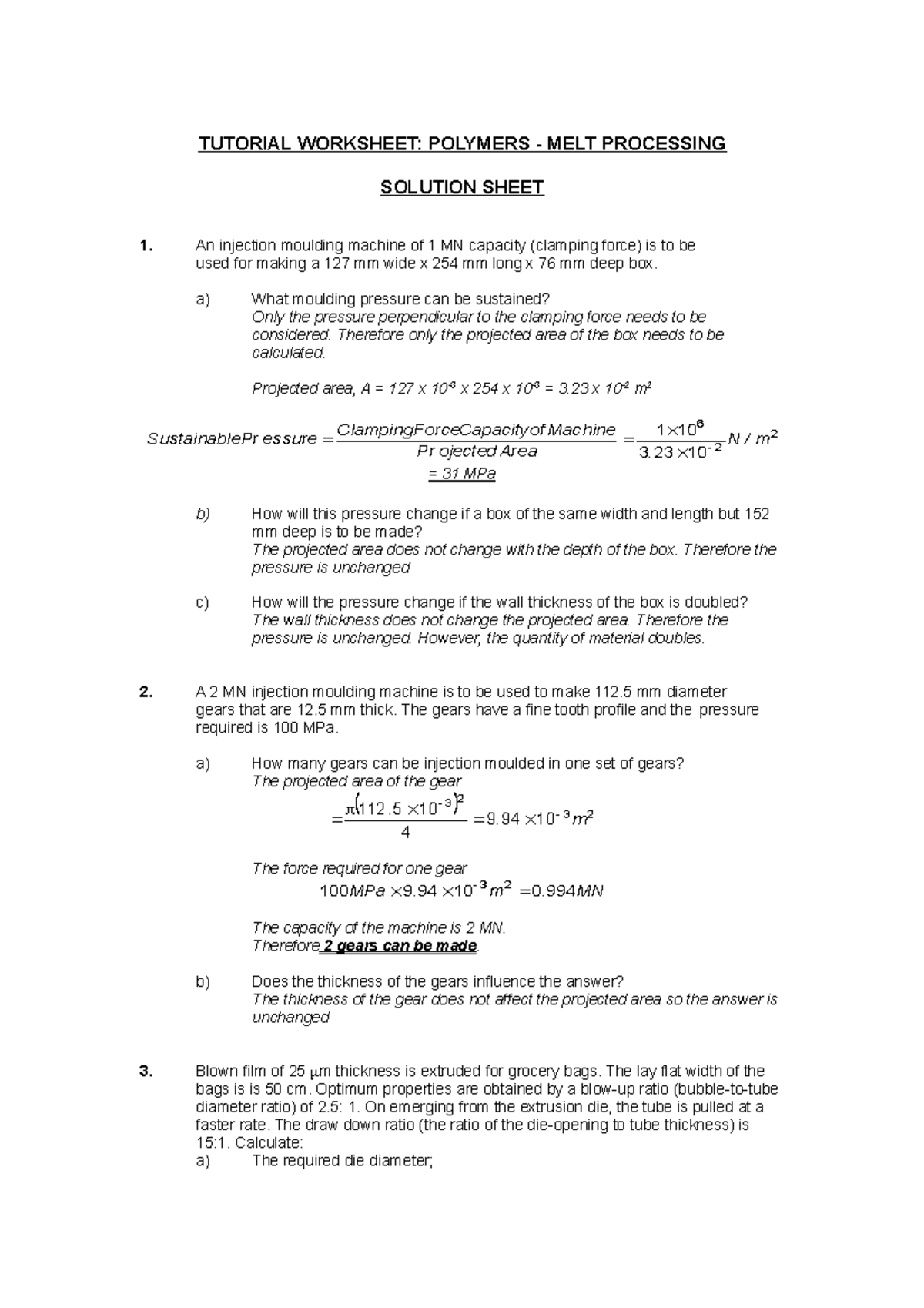 Polymer tutorial solutions - TUTORIAL WORKSHEET: POLYMERS - MELT ...