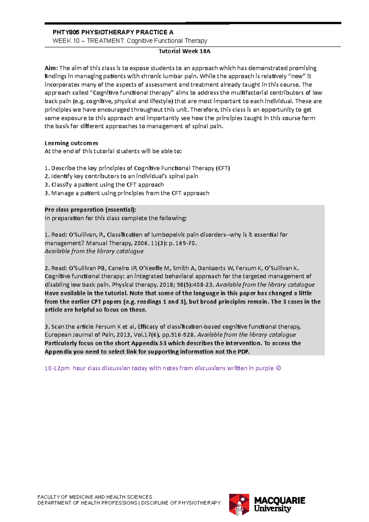 PHTY8105 Week 10 tutorial 1 - Tutorial Week 10A Aim: The aim of this class is to expose students ...