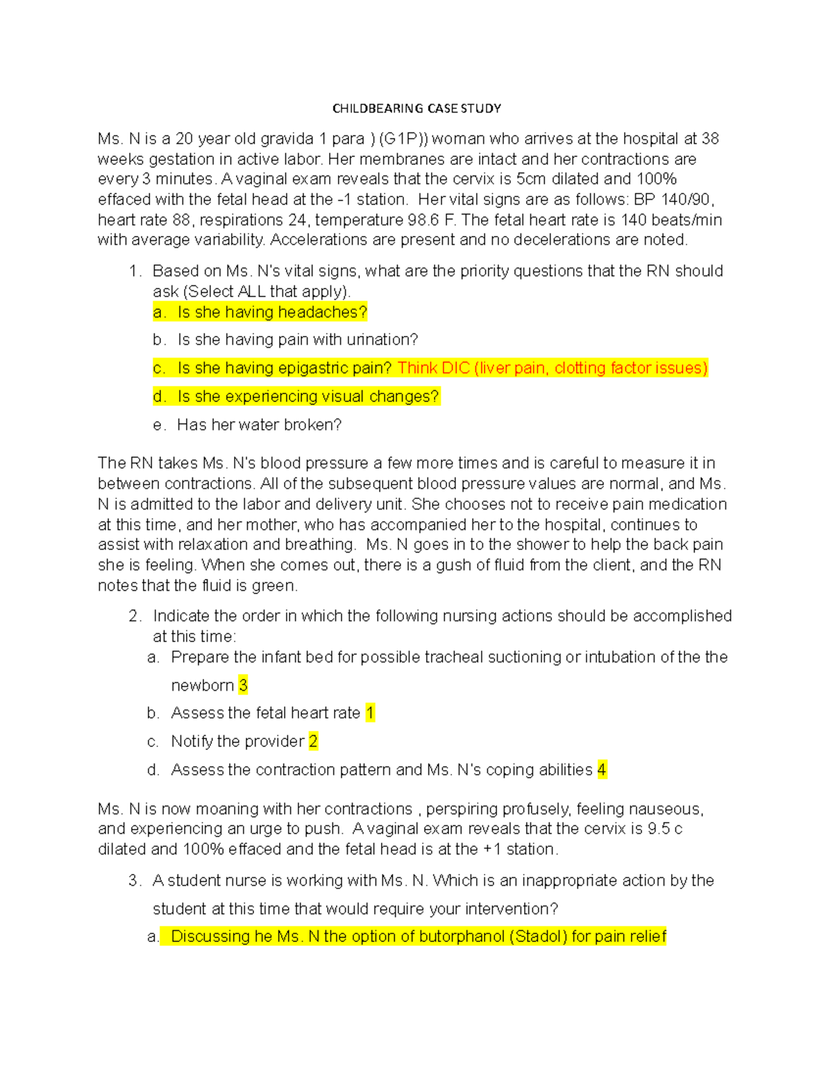 Maternal Case Study - CHILDBEARING CASE STUDY Ms. N is a 20 year old ...