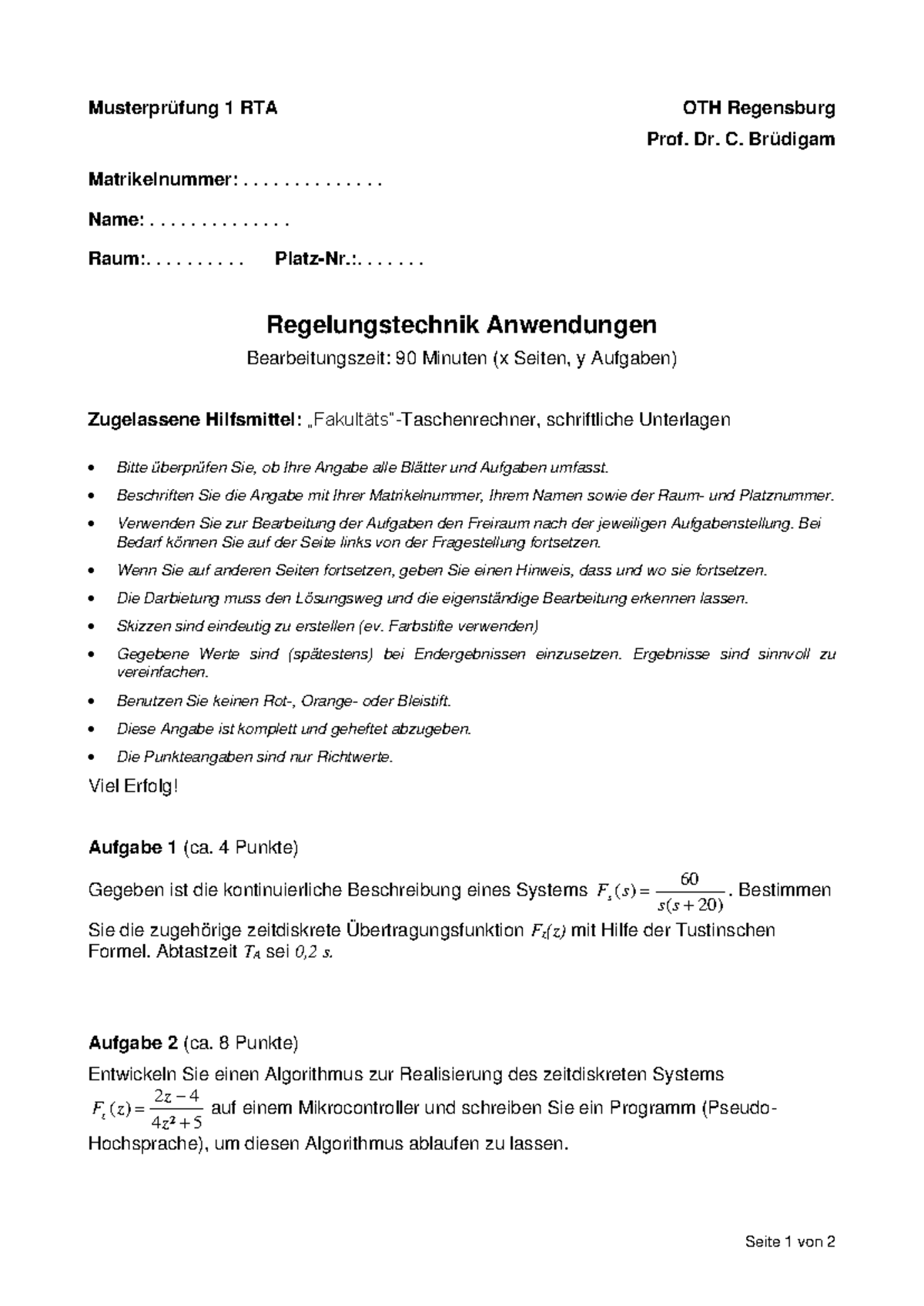RTA Musterprüfung 1 - RTA - Seite 1 von 2 Musterprüfung 1 RTA OTH ...