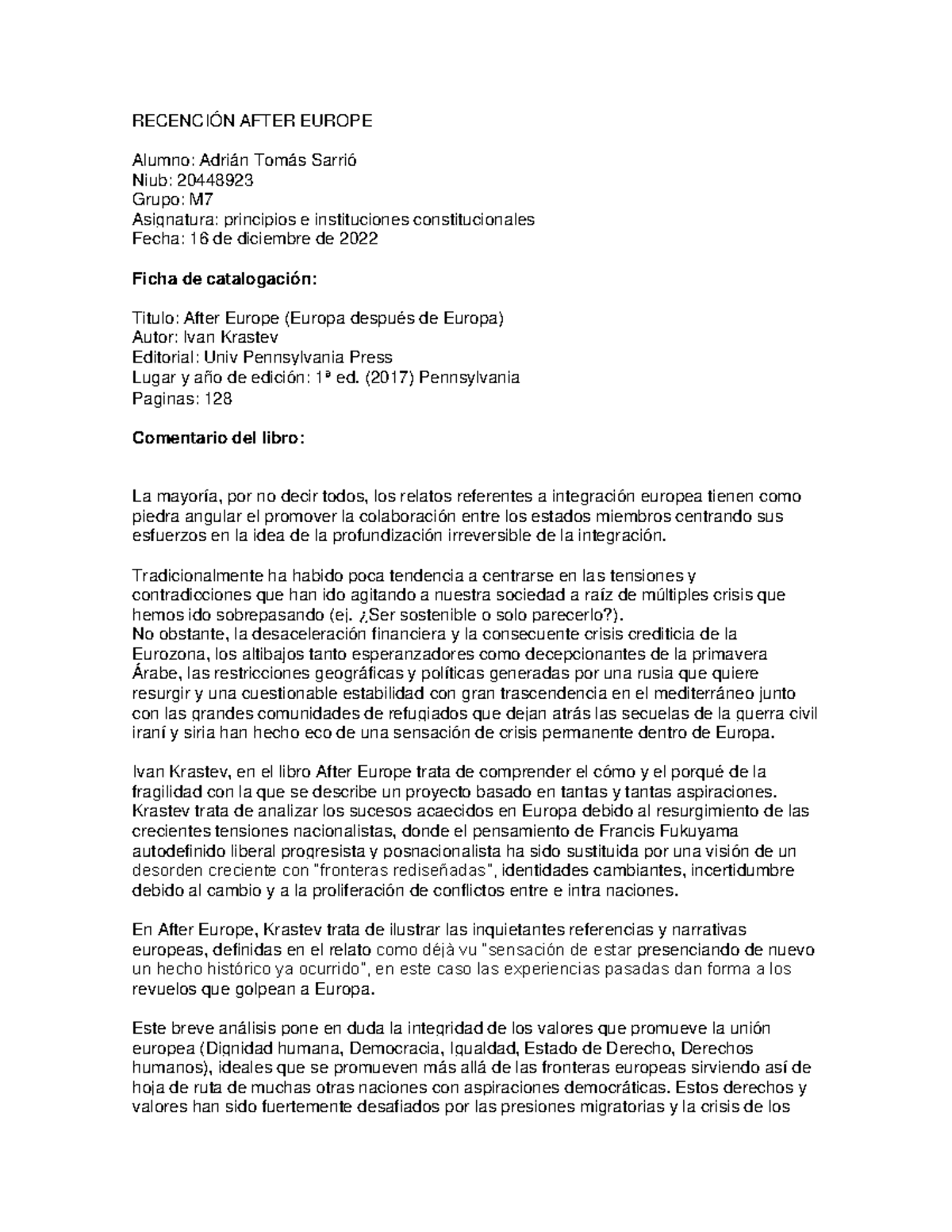 Ejemplo de recensión - RECENCIÓN AFTER EUROPE Alumno: Adrián Tomás ...