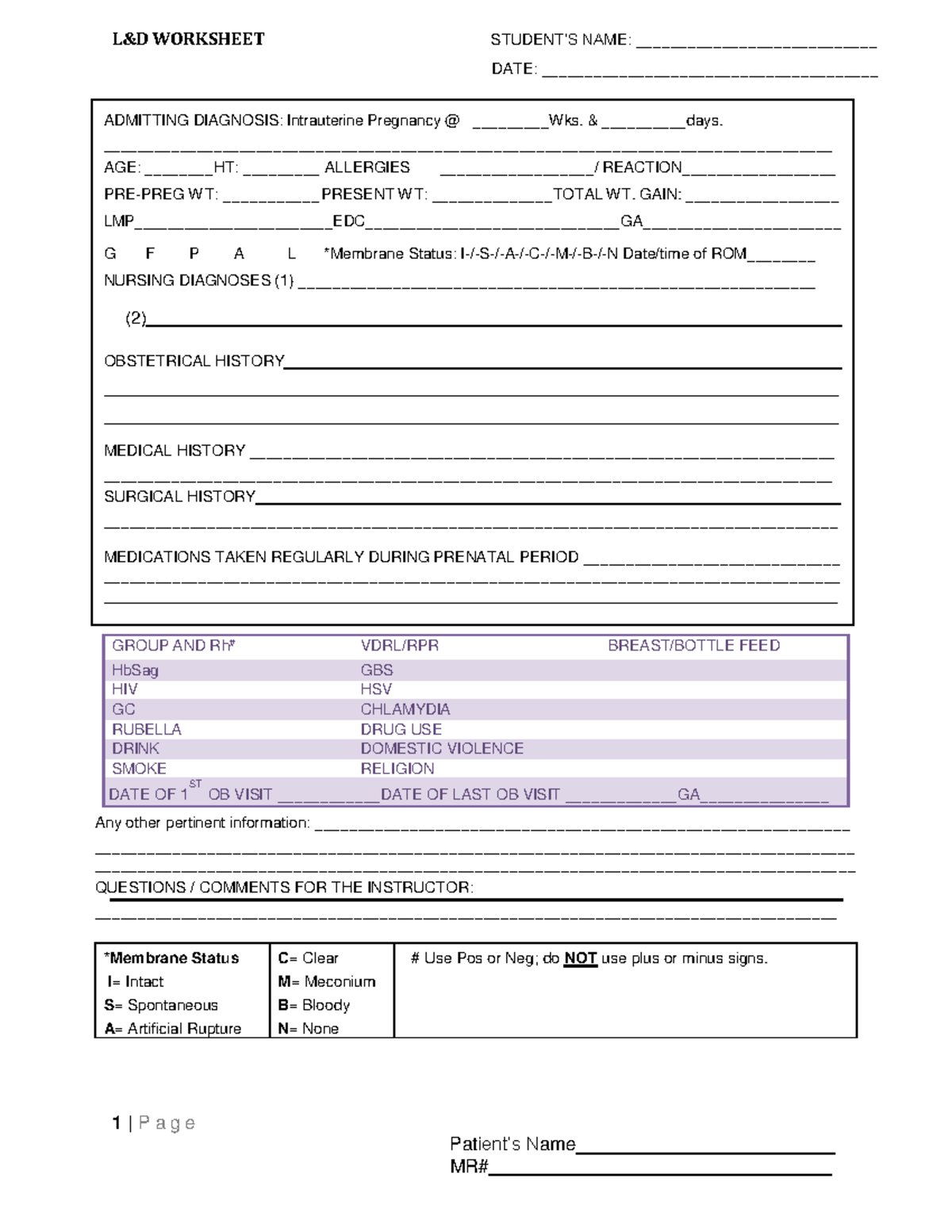 L&D Worksheet - MUST KNOW - L&D WORKSHEET STUDENT’S NAME: ____________________________ DATE ...