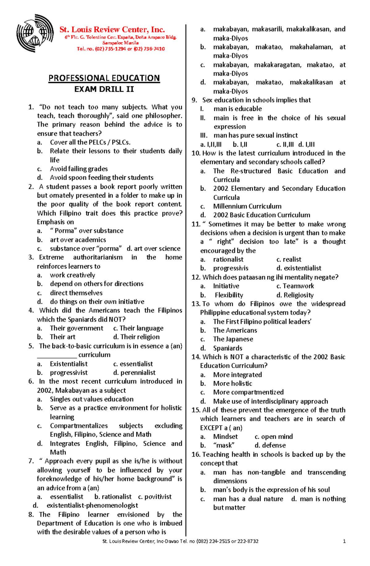 D2 Pre board Prof. Ed. Do not teach too many subjects - St. Louis ...