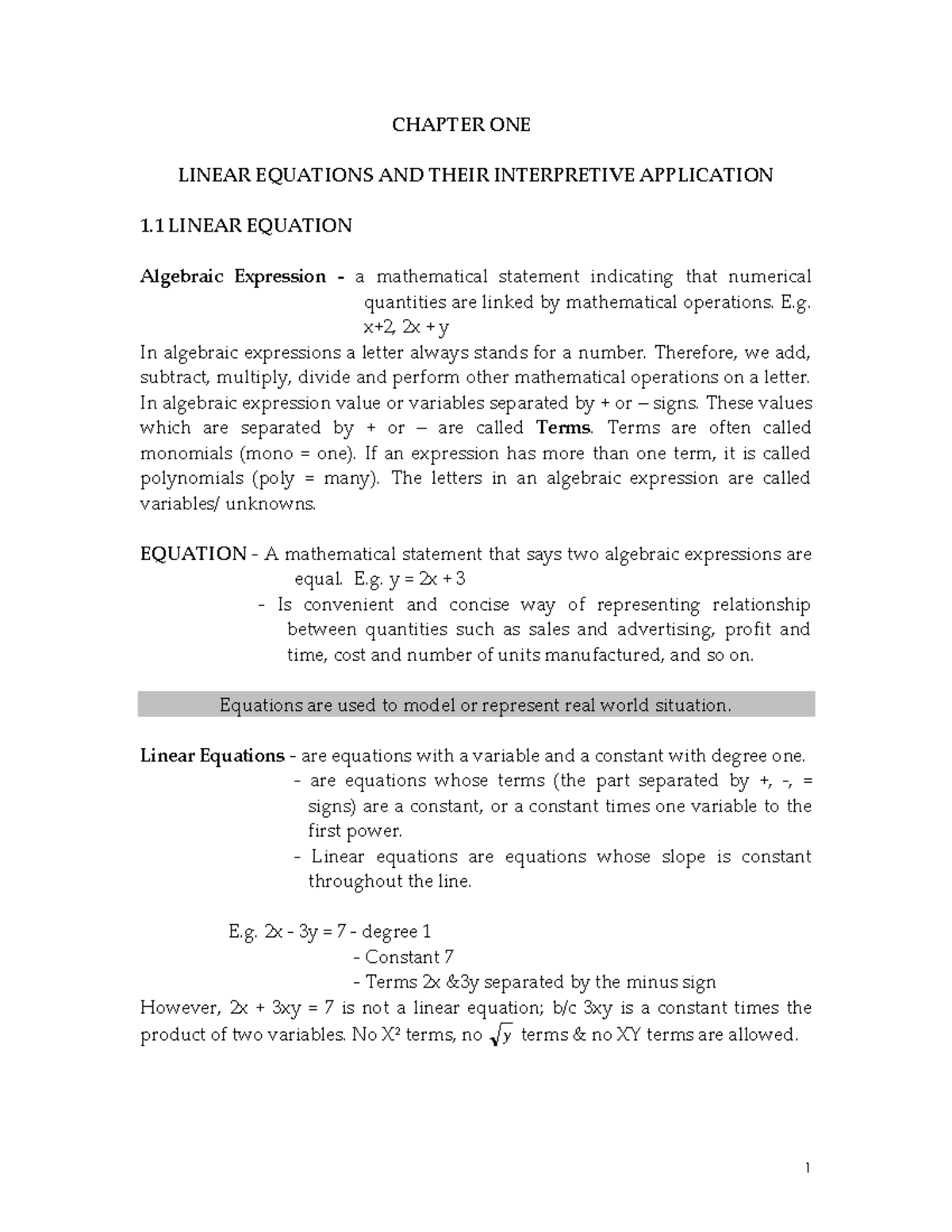 CH-I - Mathematics for mgmt - CHAPTER ONE LINEAR EQUATIONS AND THEIR ...