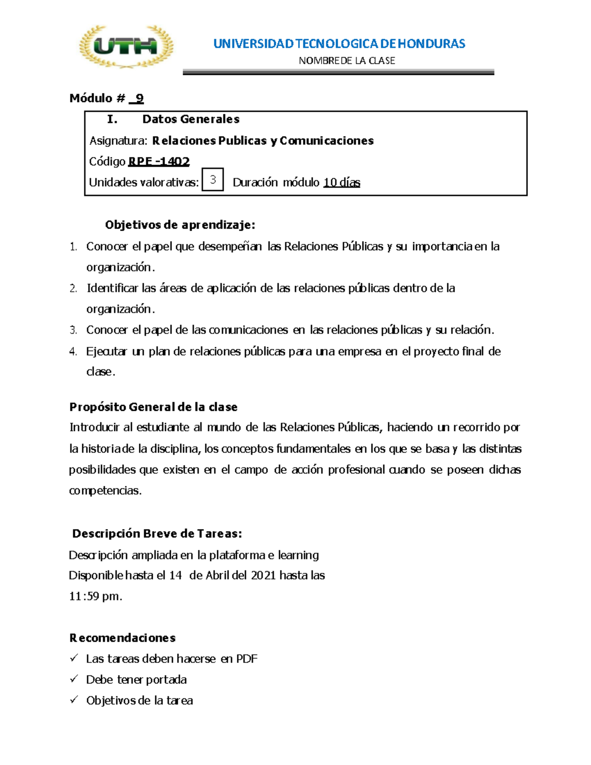 Modulo-9-RRPP - .... - NOMBRE DE LA CLASE 3 Módulo # _ Objetivos de ...