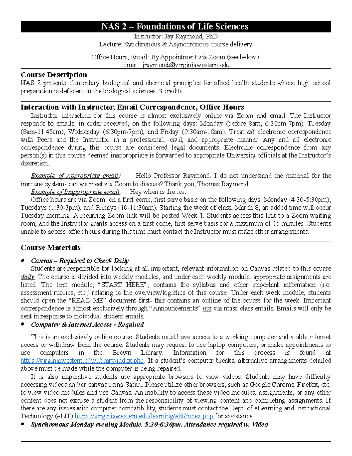 NAS 2 Syllabus Spring 2020 - NAS 2 – Foundations of Life Sciences ...