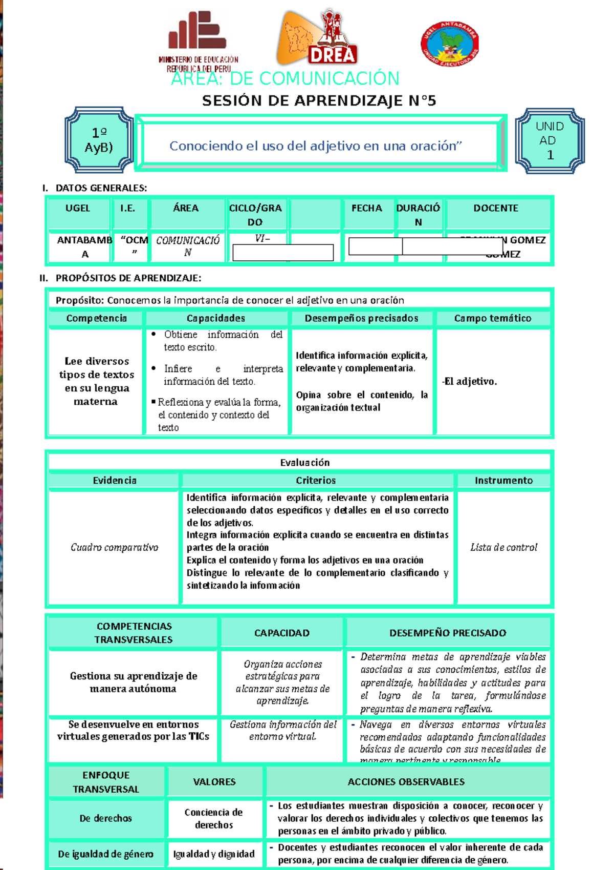 1R° Sesión DE Adjetivos NRO 5 - SESIÓN DE APRENDIZAJE N° I. DATOS GENERALES: UGEL I. ÁREA CICLO ...