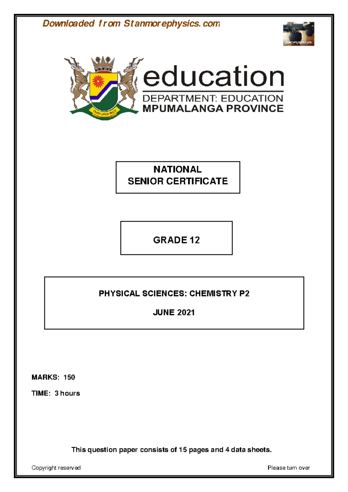 MDE Physical Sciences GR 12 June 2021 P2 and Memo - MARKS: 150 TIME: 3 ...