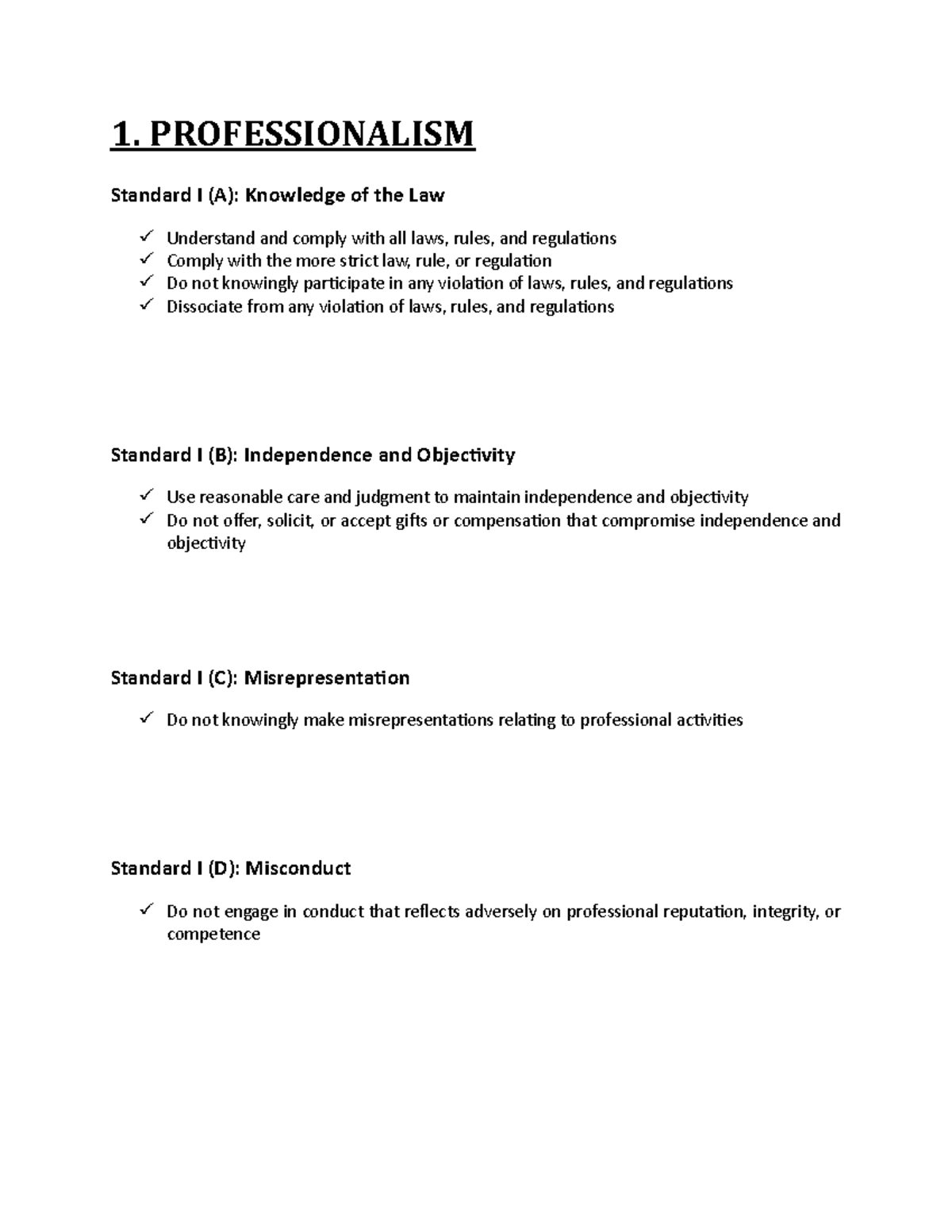 Final Note - onte - 1. PROFESSIONALISM Standard I (A): Knowledge of the ...