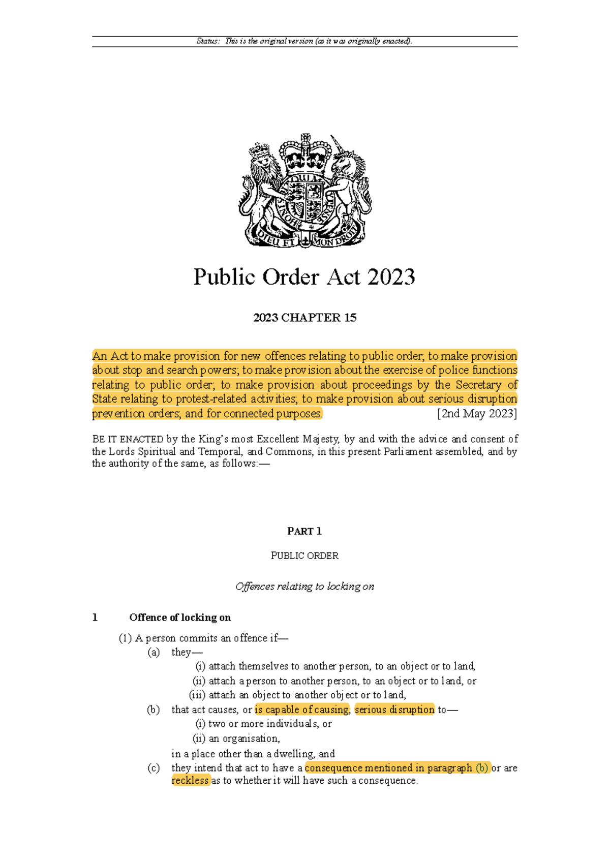 Public Order Act 2023 - Status: This is the original version (as it was ...