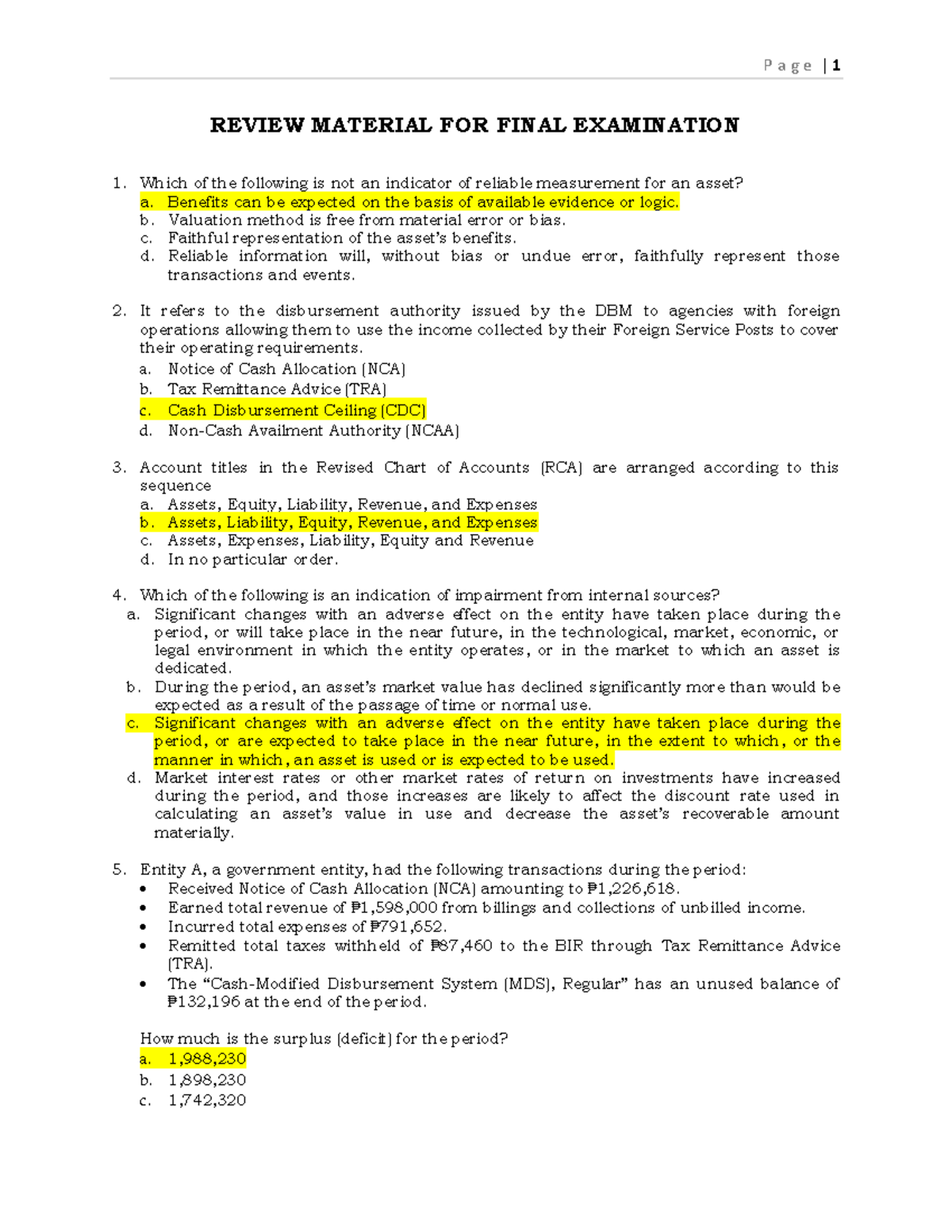 Review Materials FOR Finals Q - REVIEW MATERIAL FOR FINAL EXAMINATION ...