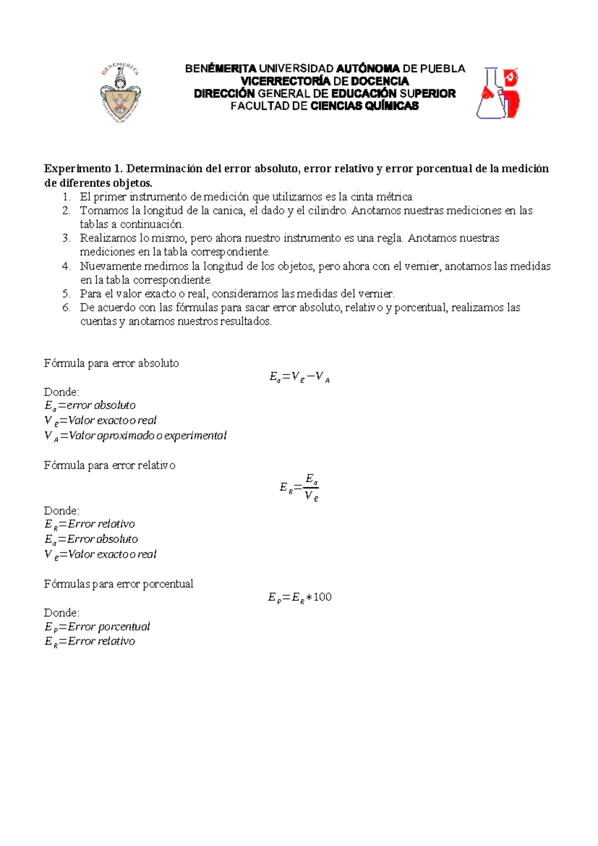 Experimento 1 física - Experimento 1. Determinación del error absoluto ...