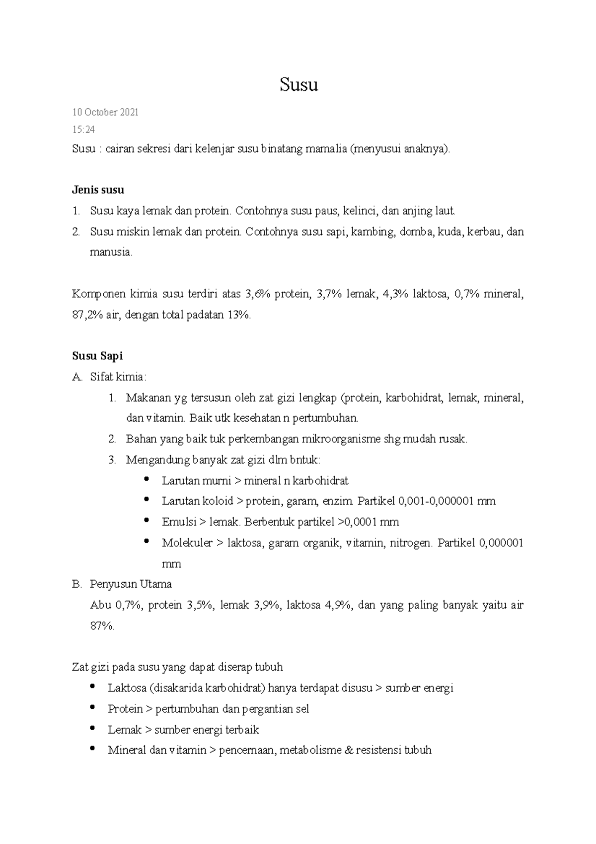 Susu - Ilmu Bahan Pangan - Susu 10 October 2021 15: Susu : cairan ...