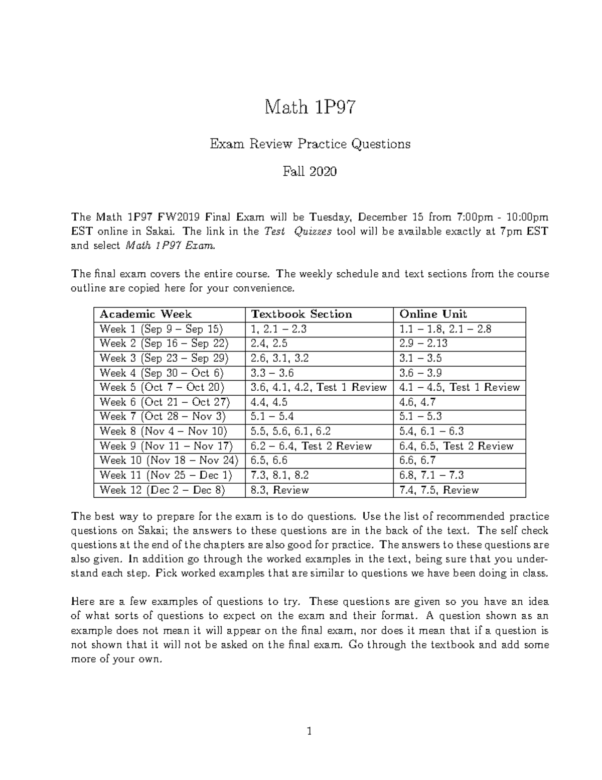 Math 1P97 Exam Review Practice Questions Fall 2020 - Studocu