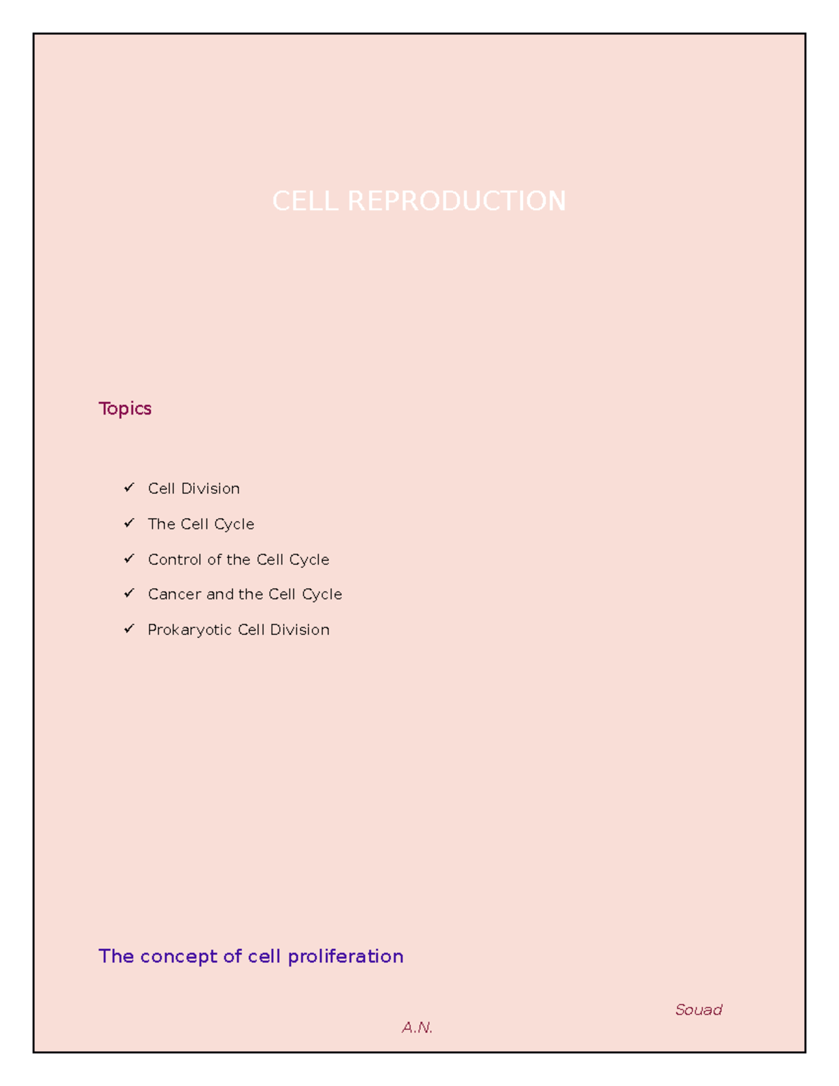 BIOL1121 Notes Chapter 10 - CELL REPRODUCTION Topics Cell Division The ...