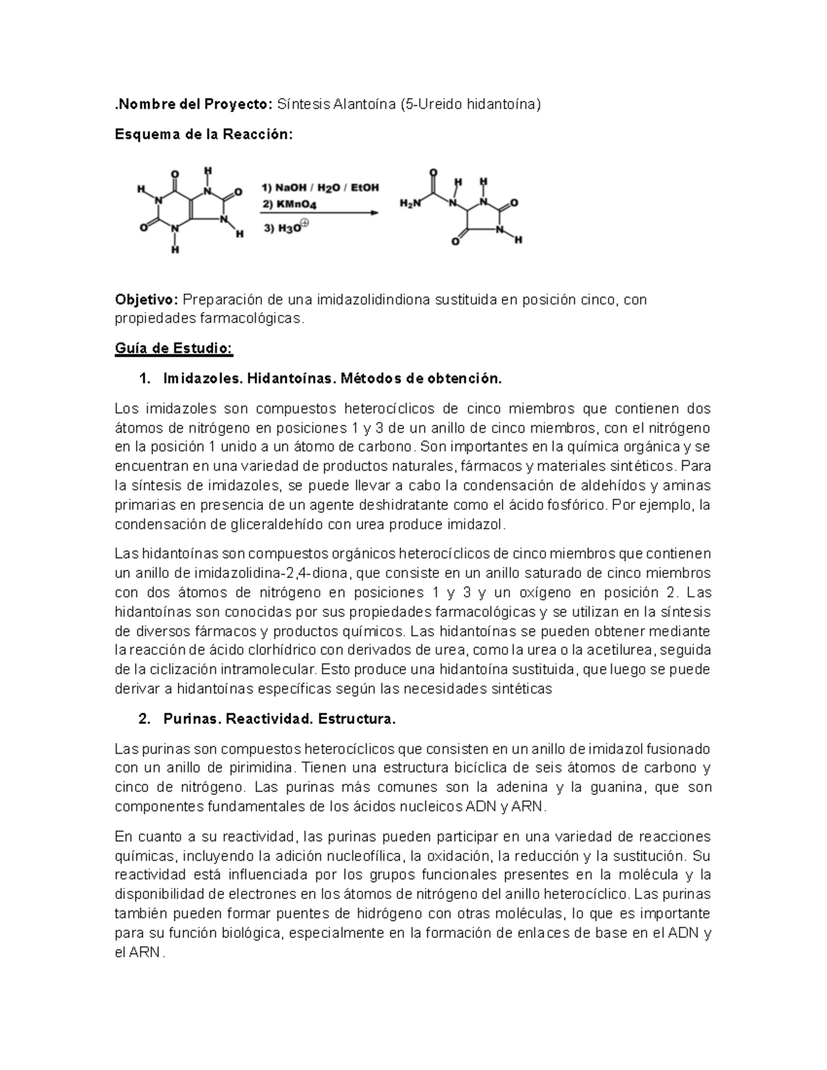 Anteproyecto 4. Alantoina - .Nombre del Proyecto: Síntesis Alantoína (5 ...