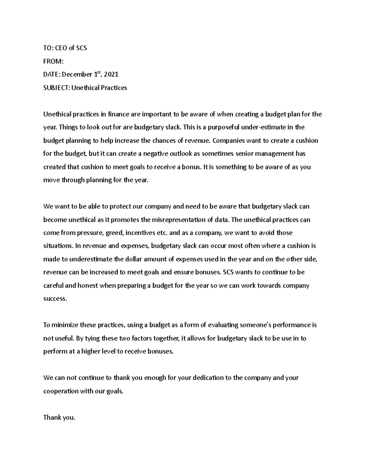 Memo Created for Assignment 1 2021 - MGMT - TO: CEO of SCS FROM: DATE ...