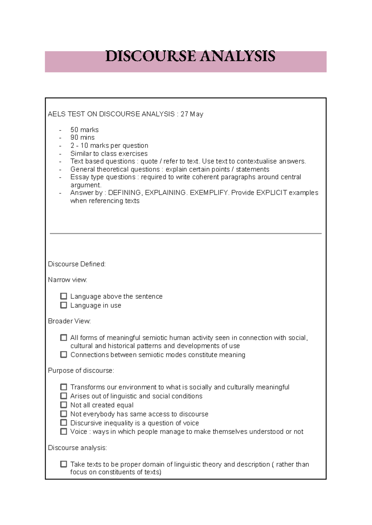 Discourse Analysis - DISCOURSE ANALYSIS AELS TEST ON DISCOURSE ANALYSIS ...
