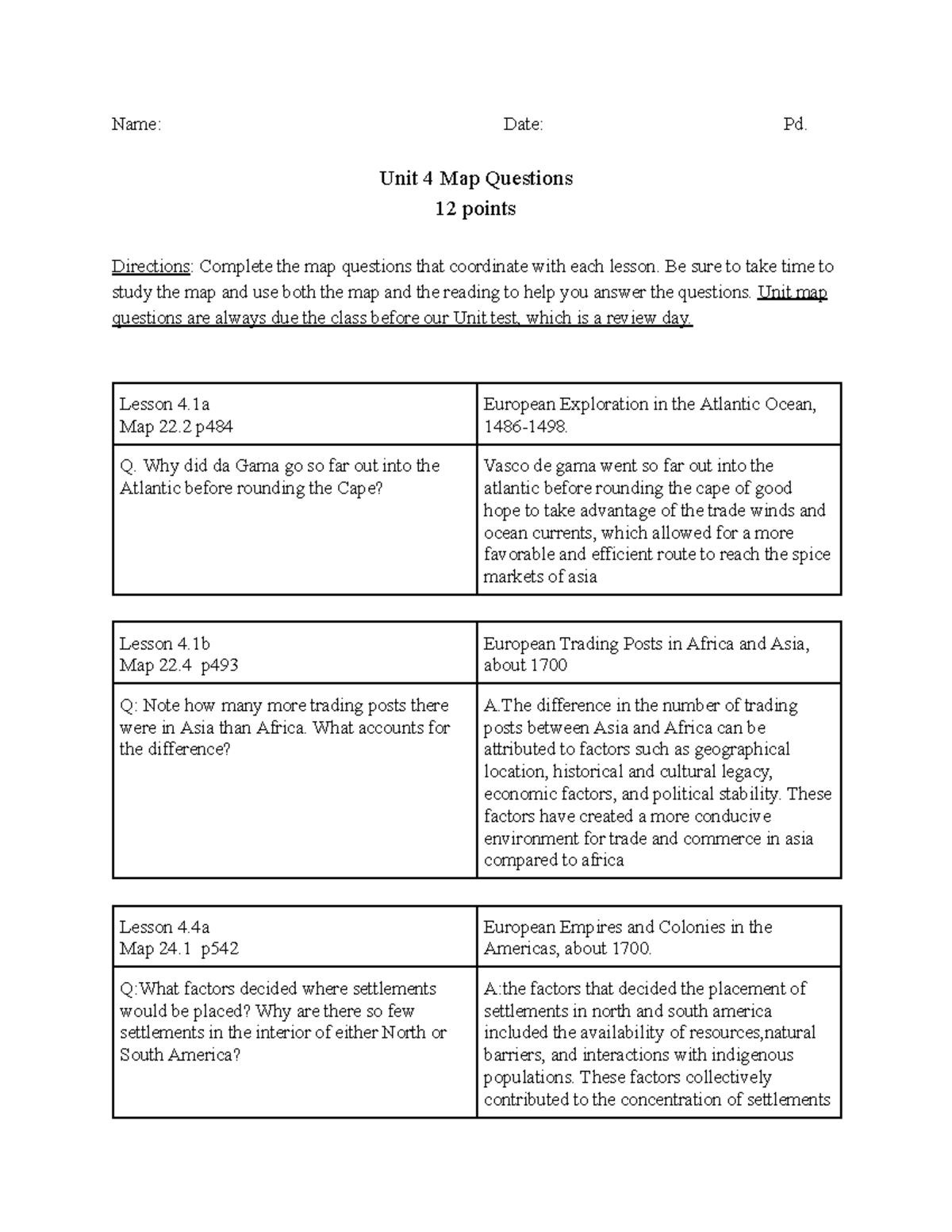 - Unit 4 Map Questions - unit 4 map question - Name: Date: Pd. Unit 4 ...