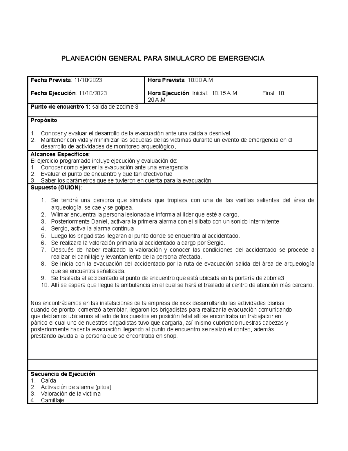 Formato DE Simulacro - N/A - PLANEACIÓN GENERAL PARA SIMULACRO DE ...