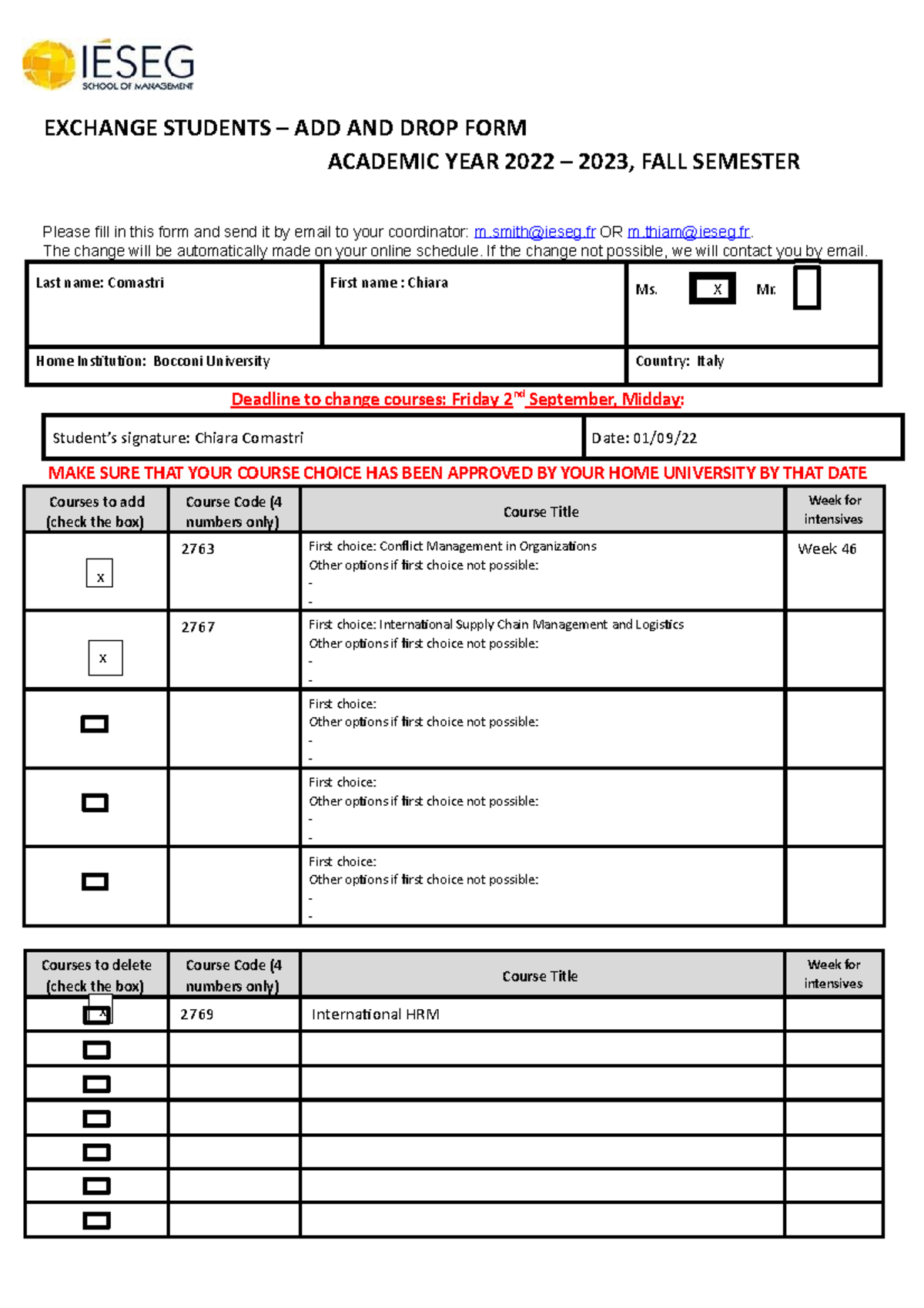 Add and Drop form Fall 2022 - EXCHANGE STUDENTS – ADD AND DROP FORM ...