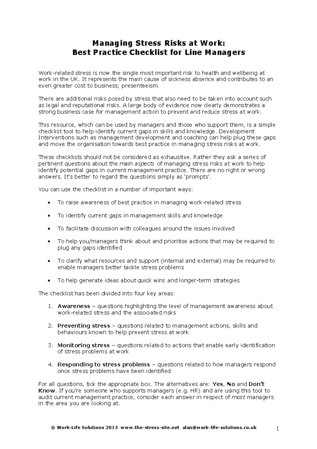Managers stress management checklist tool - Managing Stress Risks at ...