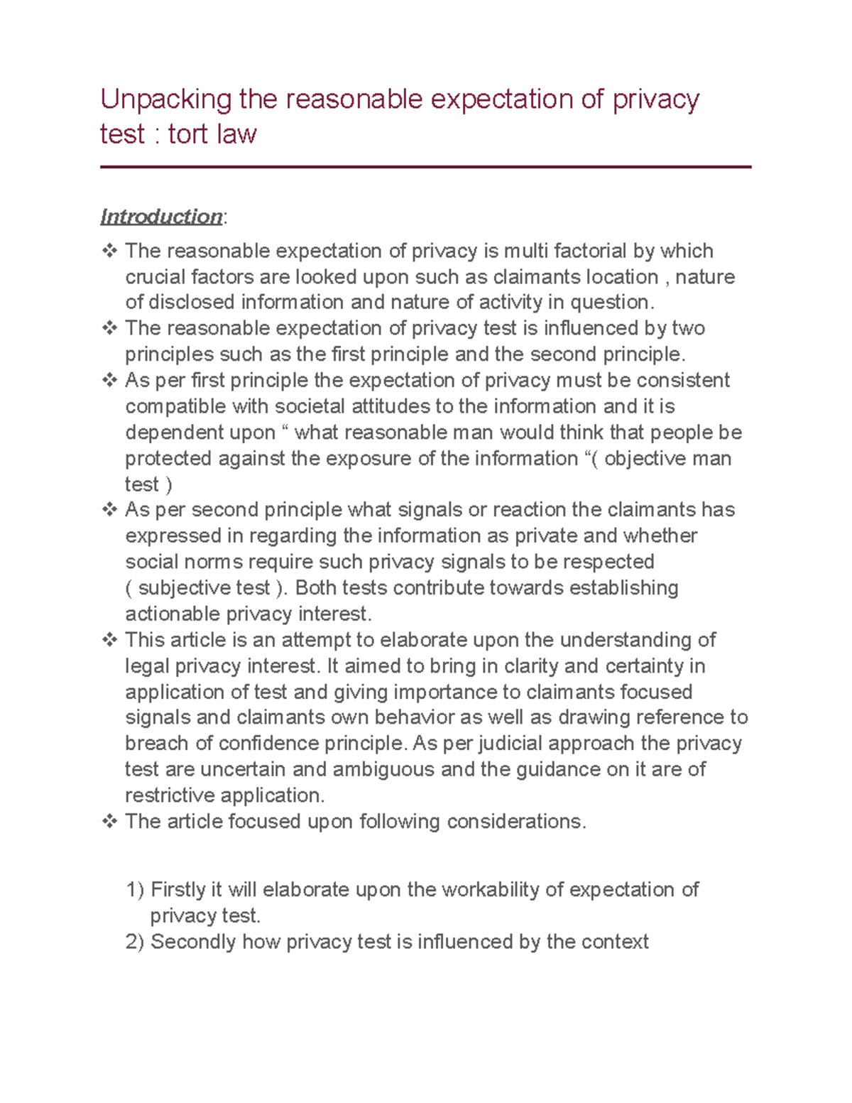 Article of tort law - Tort part a 2021 Unpacking the reasonableness of ...