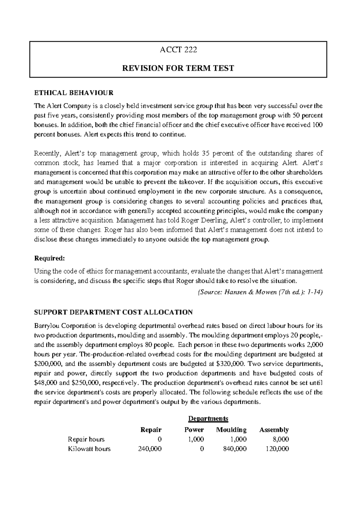 Revision for Test 2024 - ACCT 222 REVISION FOR TERM TEST ETHICAL ...