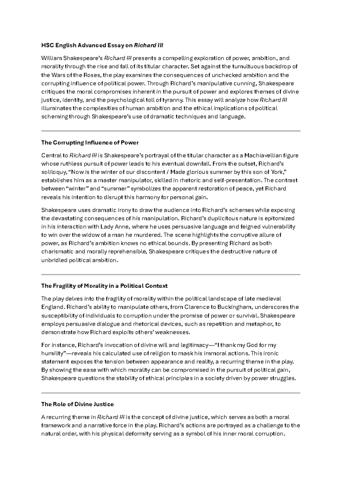 Richard III Bad Quality Sample - HSC English Advanced Essay on Richard ...