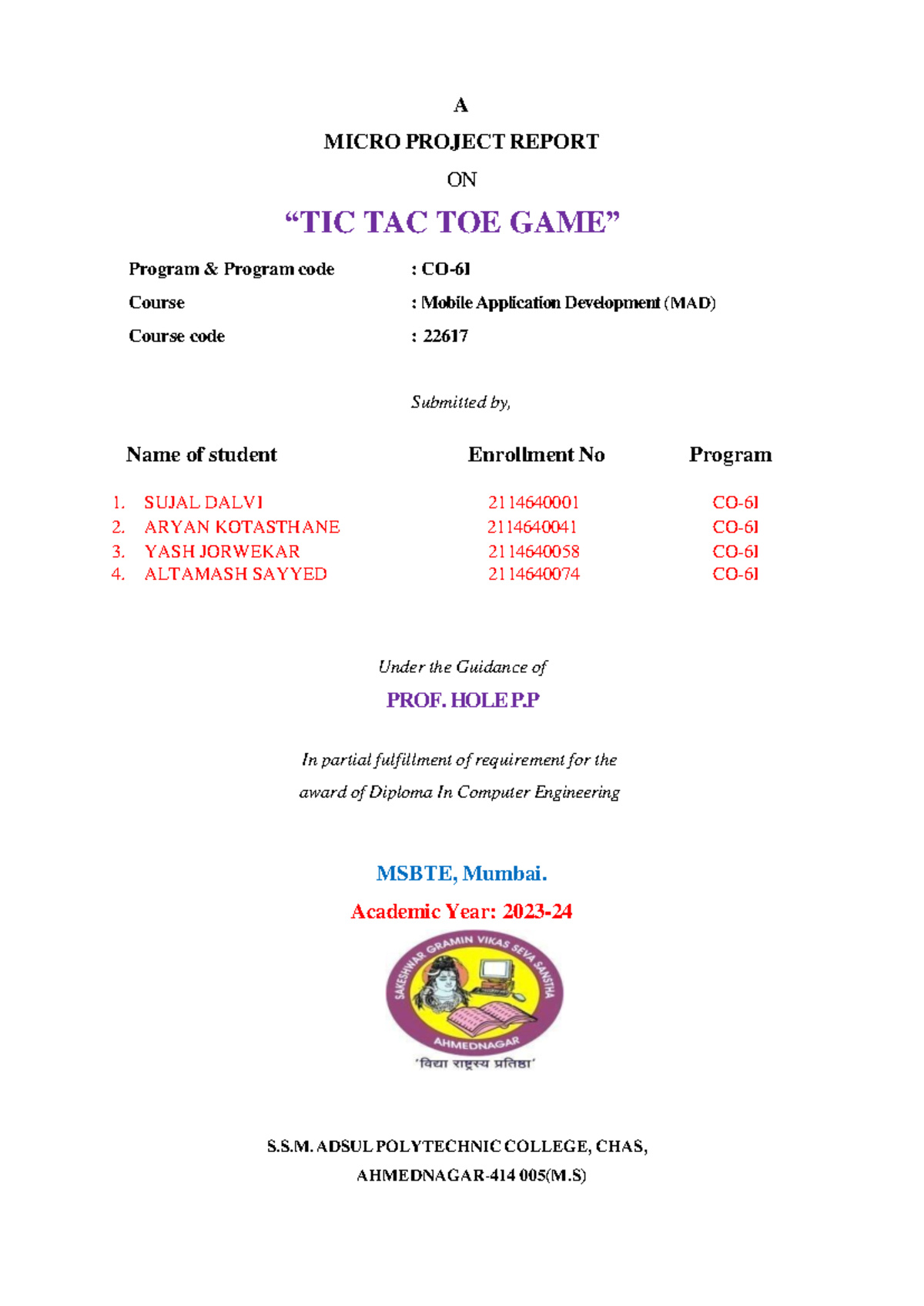 MAD Micro - A MICRO PROJECT REPORT ON “TIC TAC TOE GAME ...