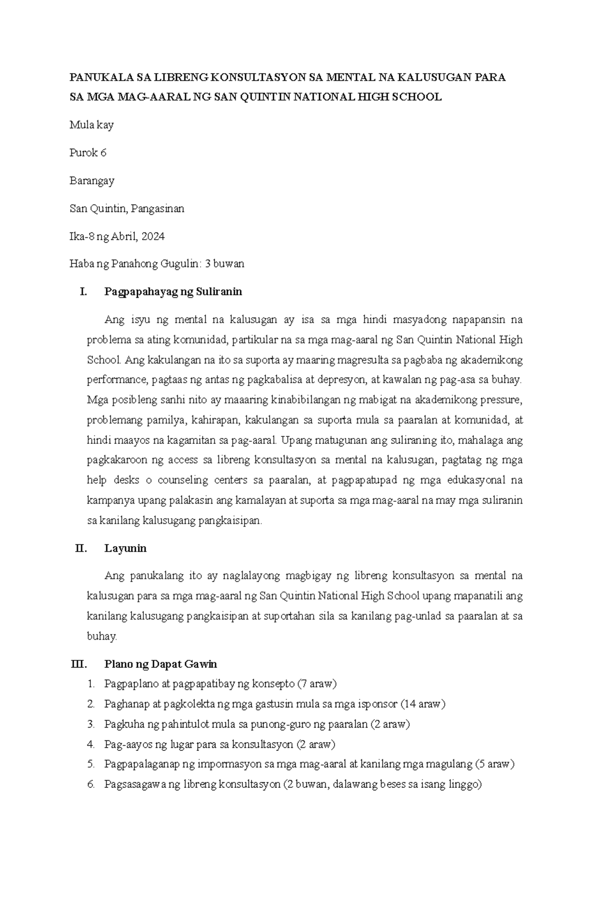 Panukalang Proyekto - SQNHS - PANUKALA SA LIBRENG KONSULTASYON SA ...