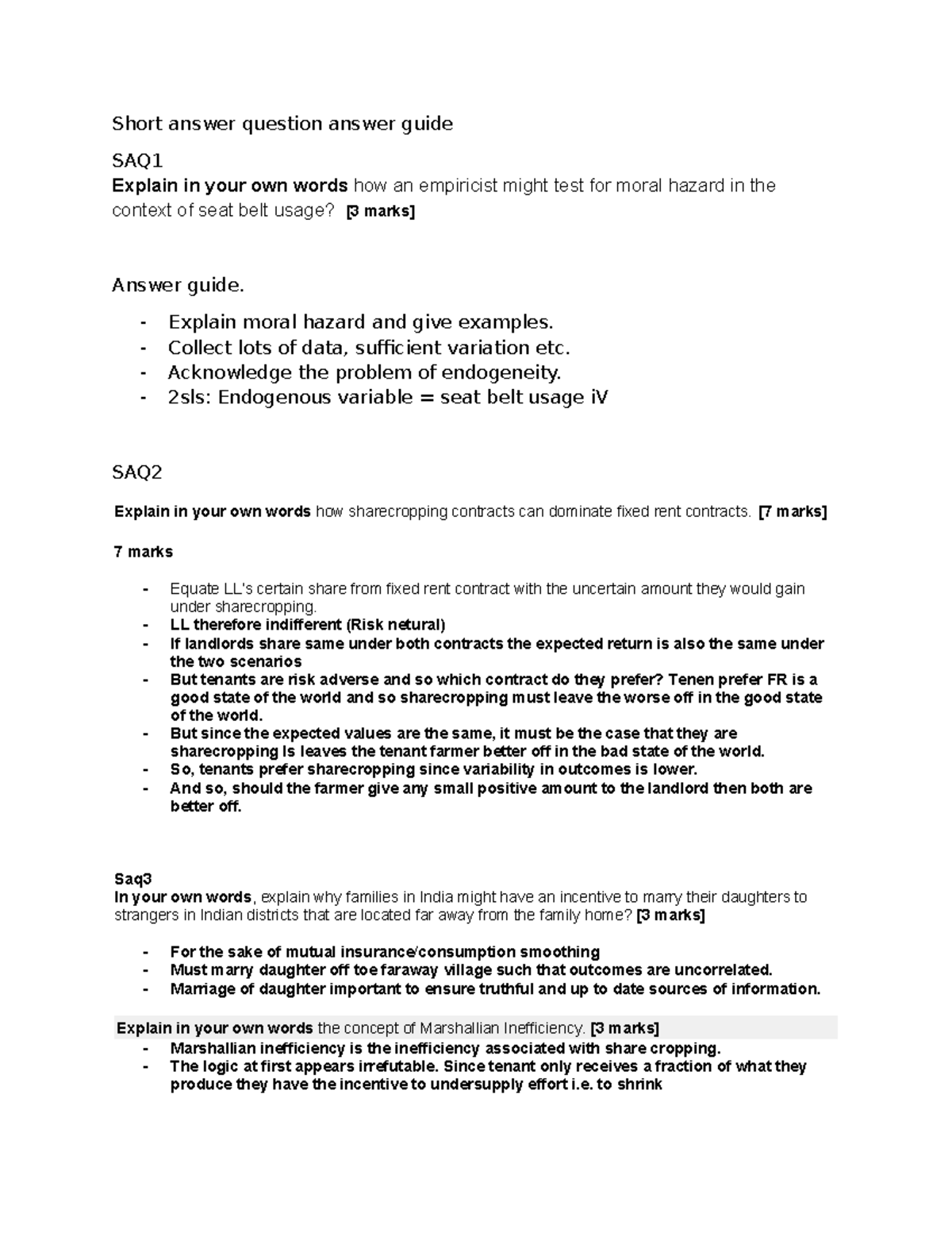 Short answer guide for midsem - Short answer question answer guide SAQ ...