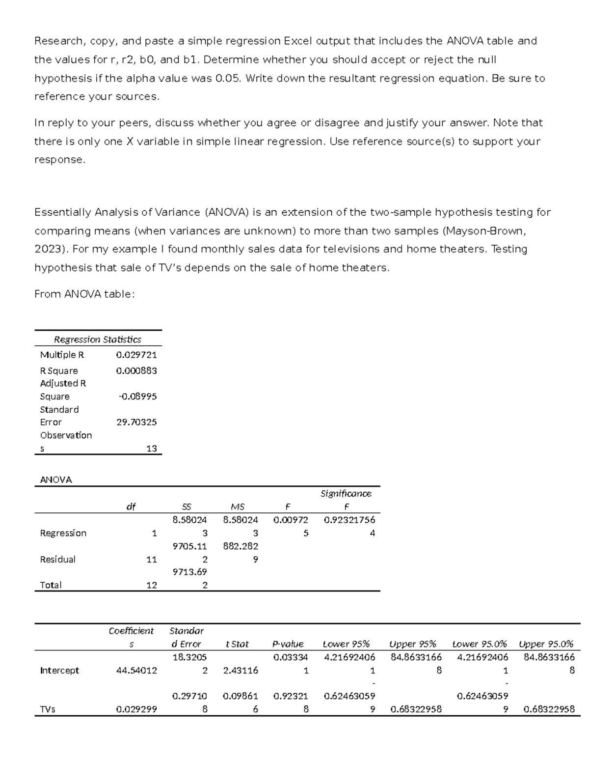 T8 DQ1 - Discussion Week 8 - Research, copy, and paste a simple regression Excel output that ...