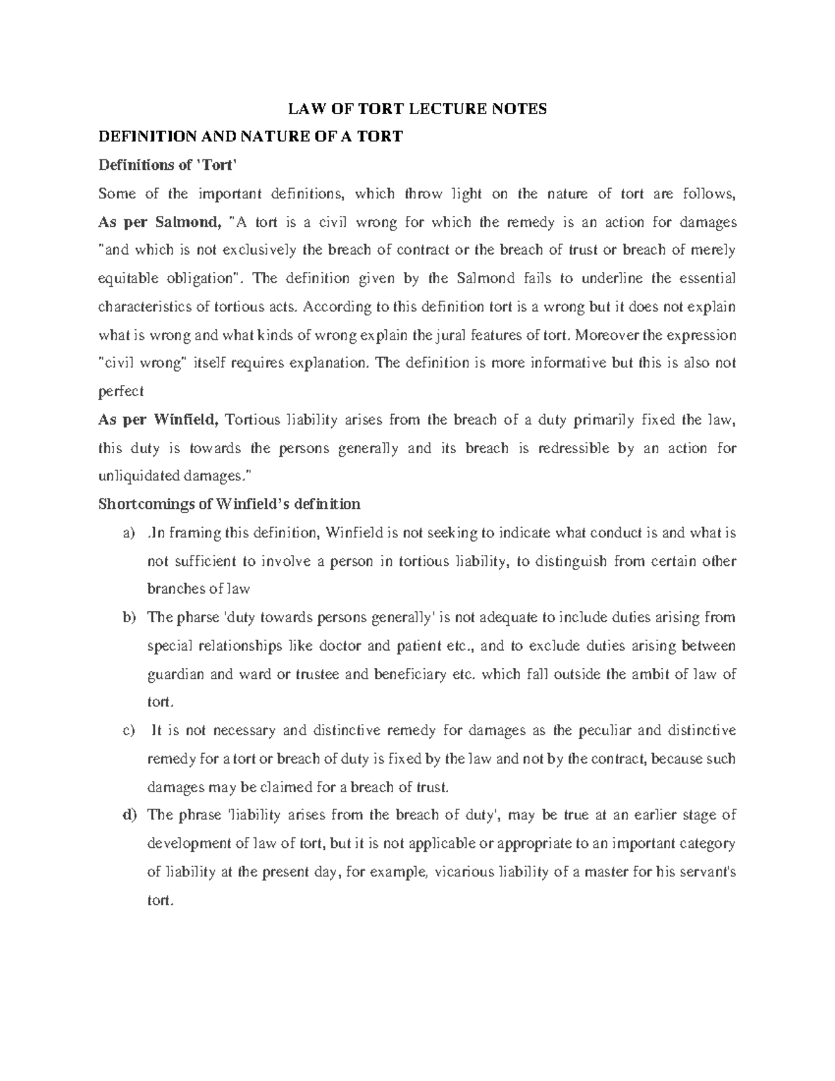 Meaninf and naure of a tort handout 1 - LAW OF TORT LECTURE NOTES ...
