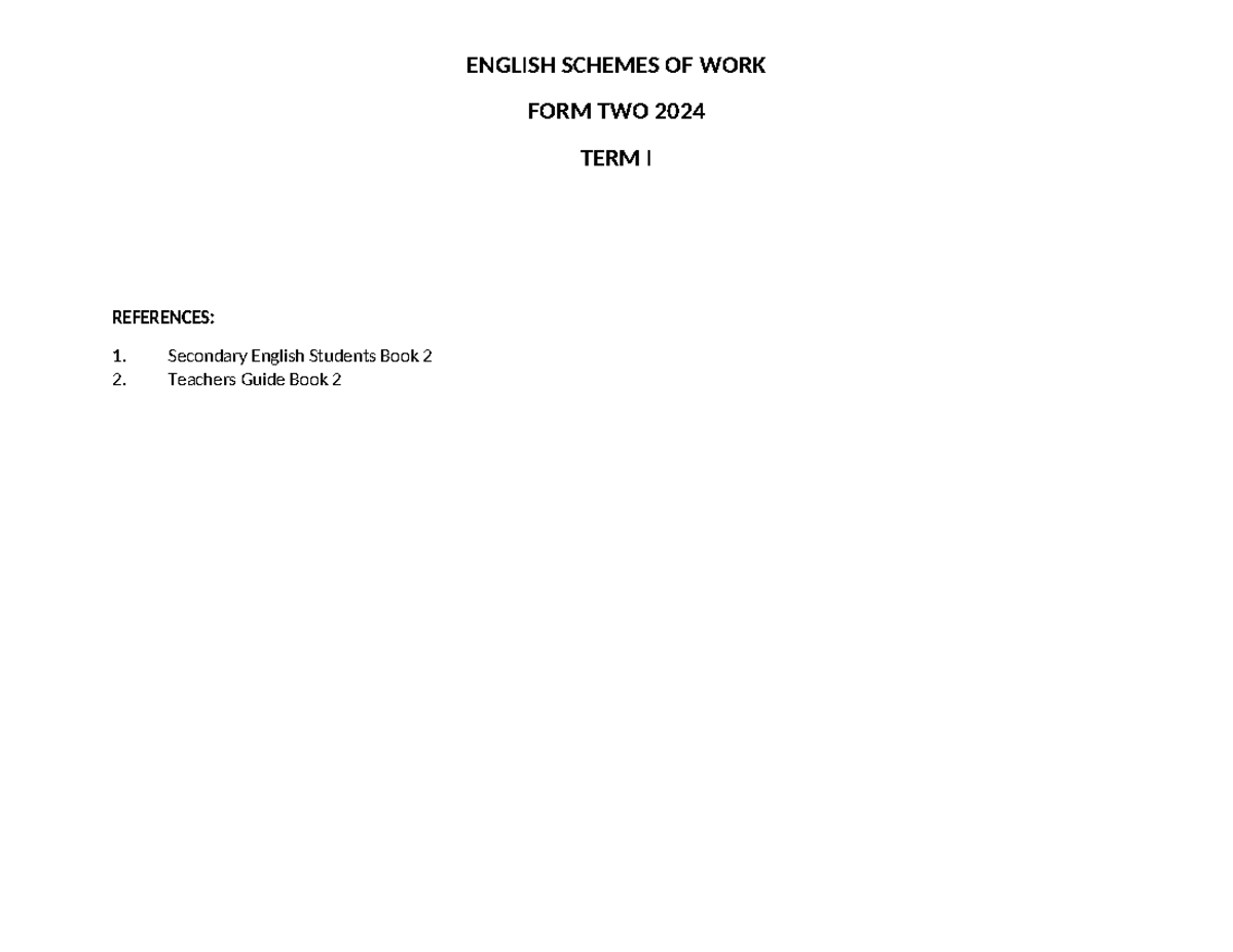Secondary English F2 - ENGLISH SCHEMES OF WORK FORM TWO 20 24 TERM I ...