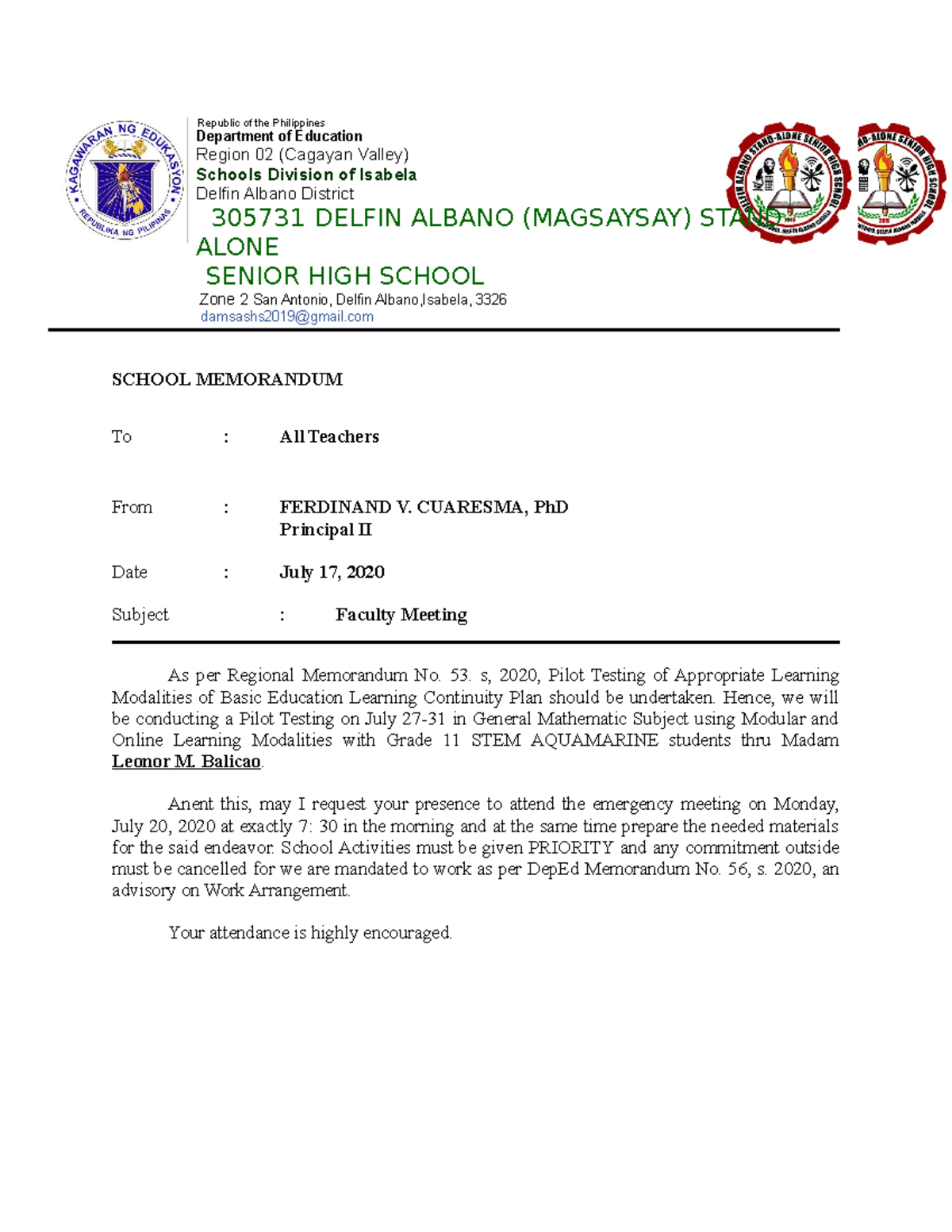 Memo meeting pilot testing - Republic of the Philippines Department of ...
