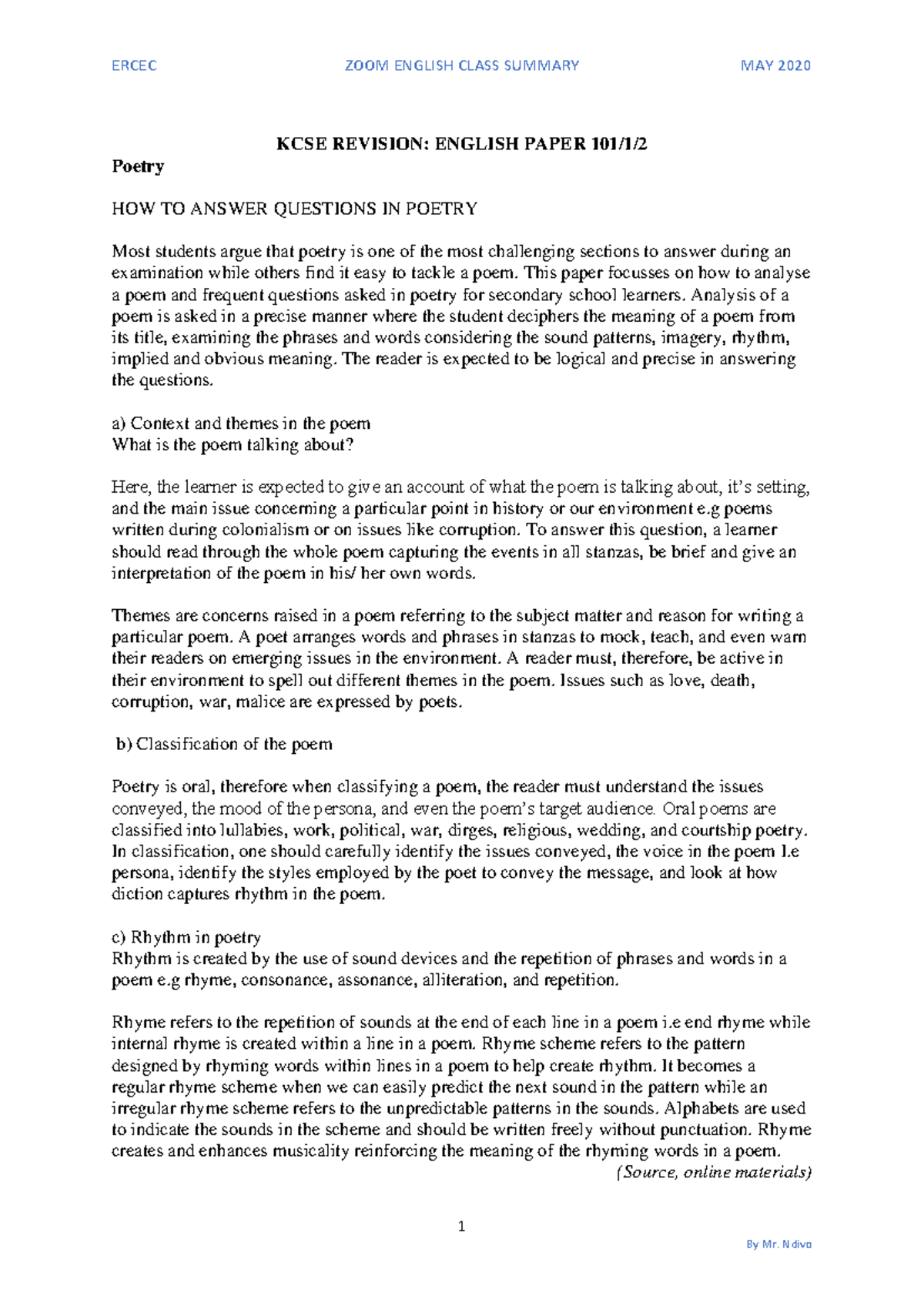 KCSE Poetry Revision zoom summary By Mr. Ndivo - ERCEC ZOOM ENGLISH ...