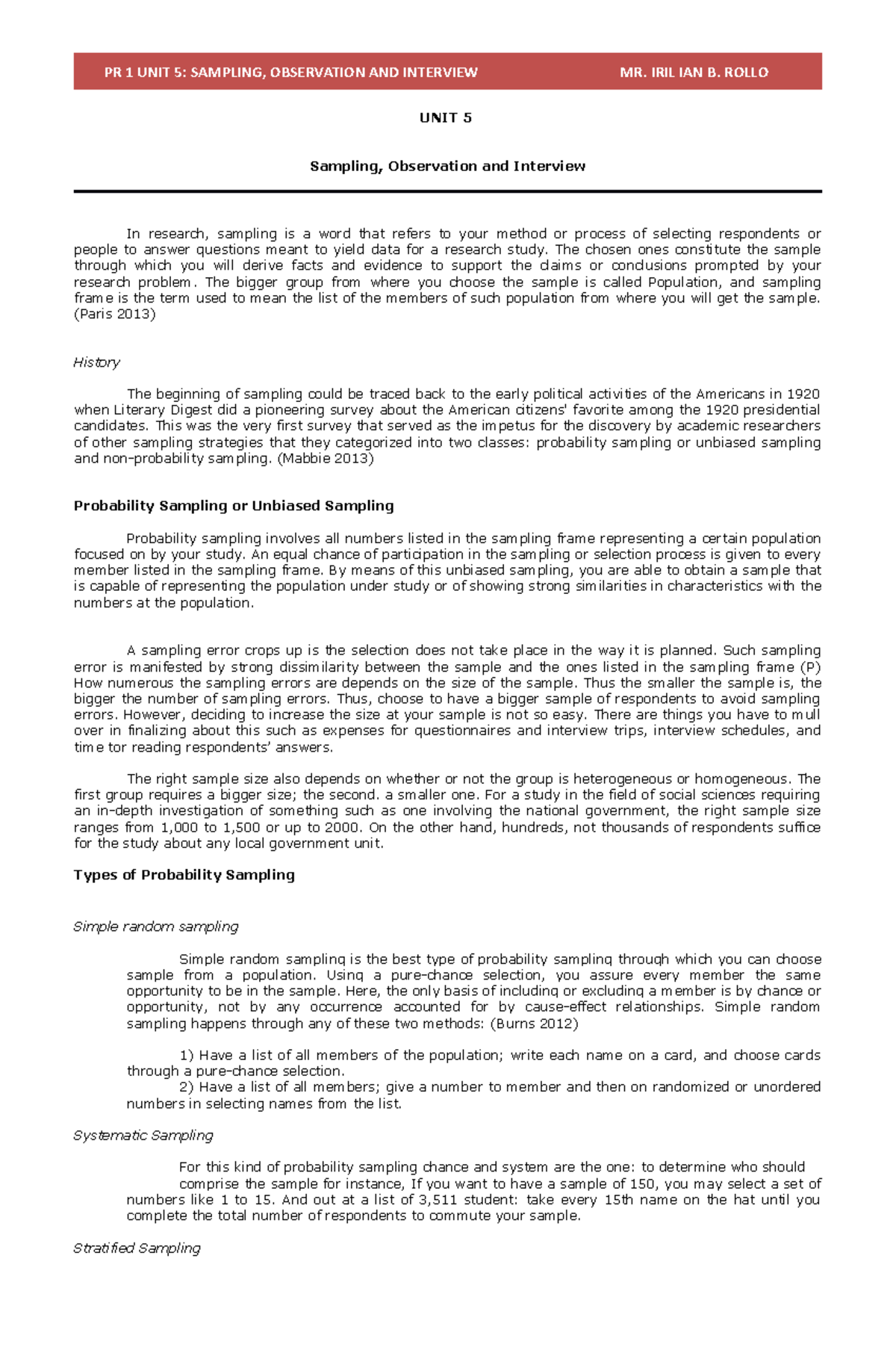 Unit-5-Notes - ........ - UNIT 5 Sampling, Observation and Interview In ...