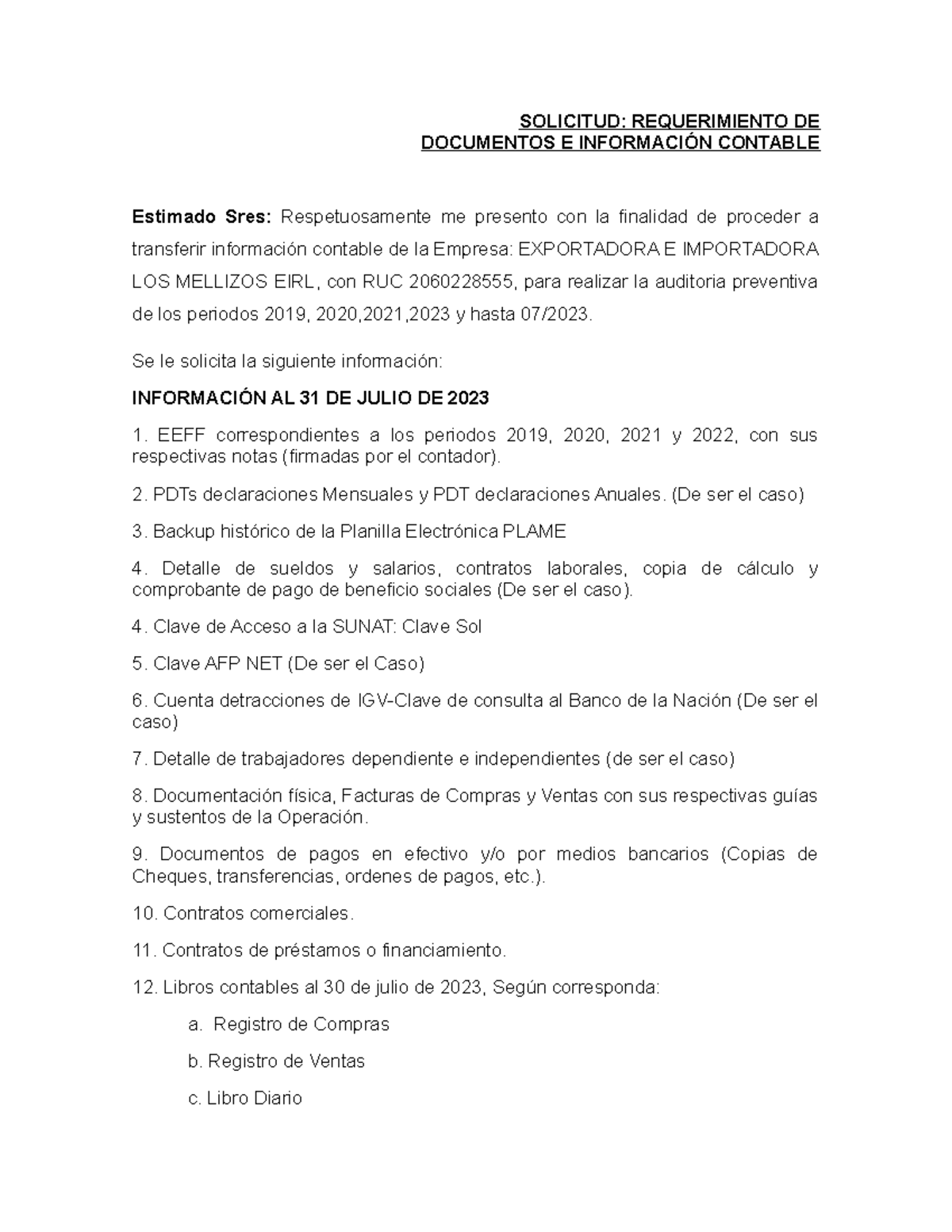 Requerimiento Auditoria - SOLICITUD: REQUERIMIENTO DE DOCUMENTOS E ...