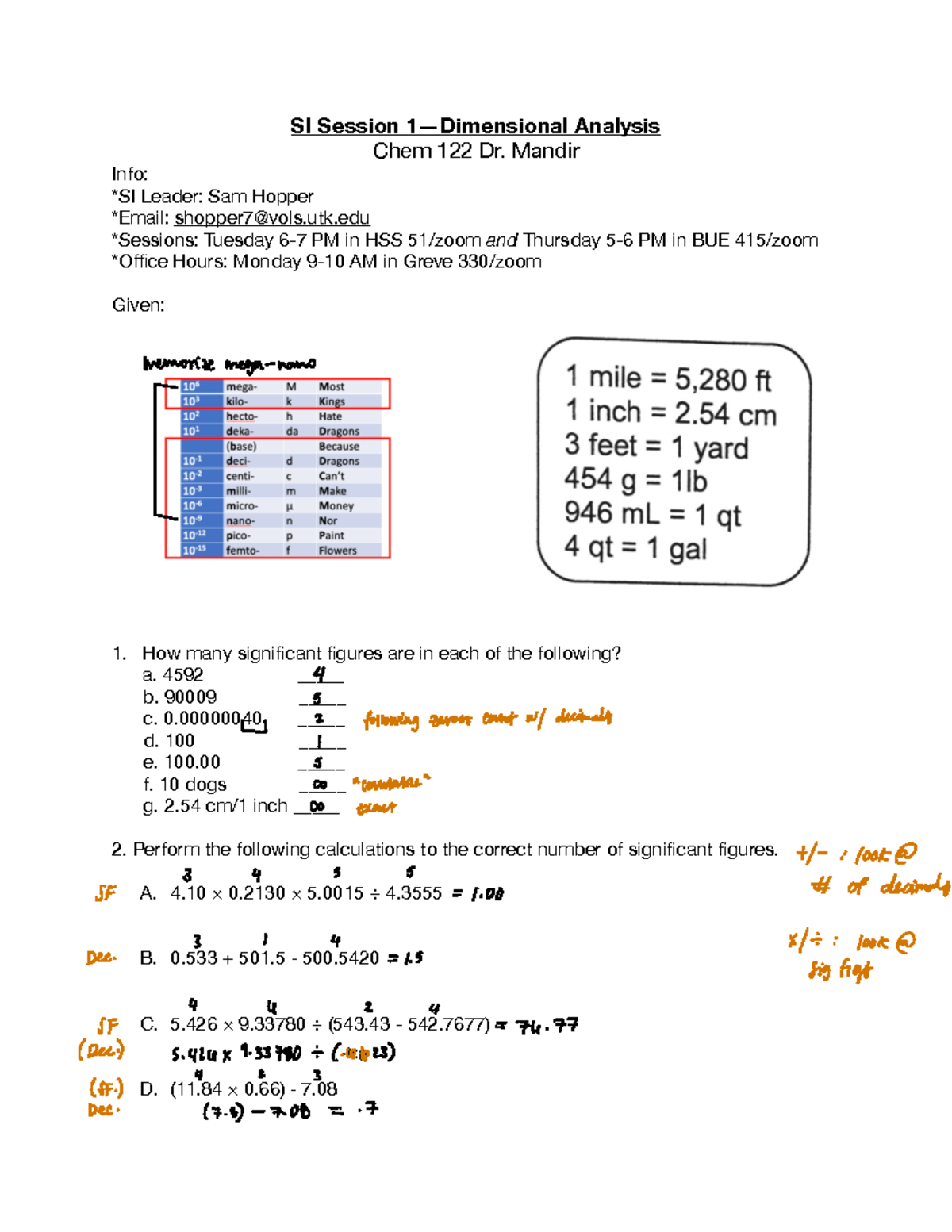SI Session 1 Dr Mandir - SI Session 1—Dimensional Analysis Chem 122 Dr ...