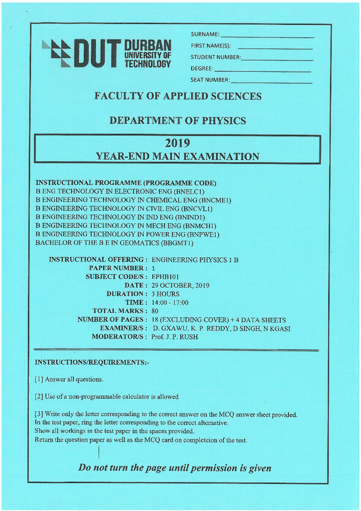 2019 - EPHB101 - Semester 2 - End of Year - Main Examination - EPHB101 ...