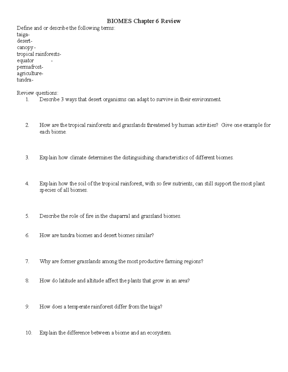 6 Ch. 6 Biomes Review - Environmental Science - BIOMES Chapter 6 Review ...