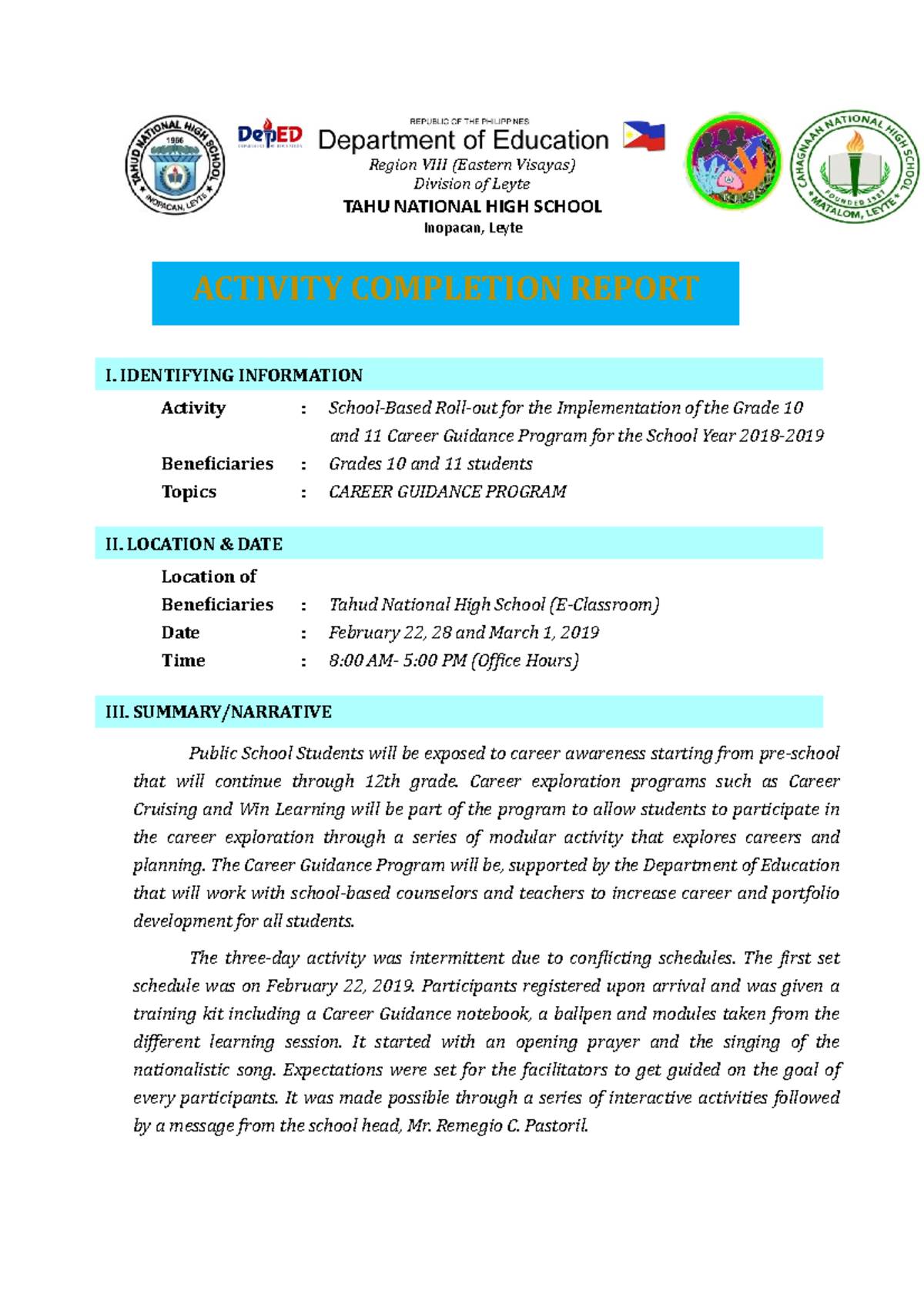 ACR - Career Guidance Program FOR THE School YEAR 2018-2019 - Region ...