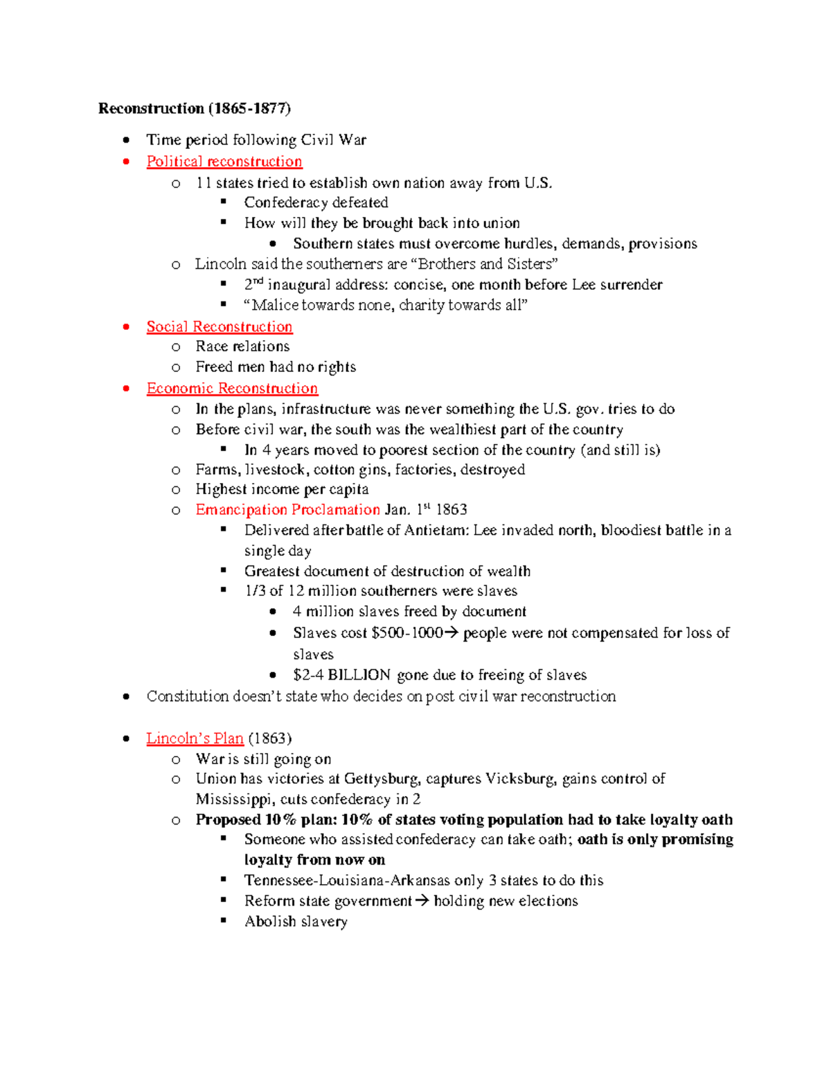 HY 104 Unit 1 Reconstruction - Reconstruction (1865-1877) - Time period ...