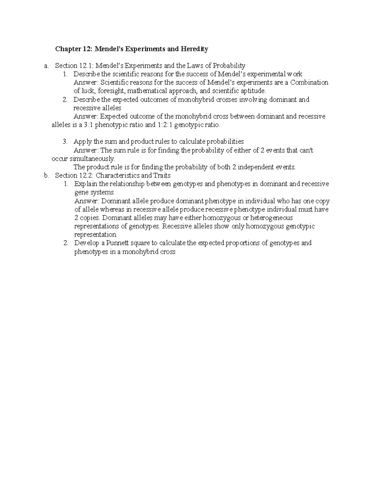 Chapter 12 Mendel'a Laws & Expts Assignment -Bio 101 done - BIO 101 ...