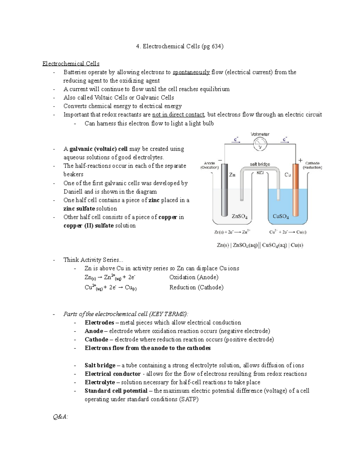 4. Galvanic Cells - Notes - Electrochemical Cells (pg 634 ...