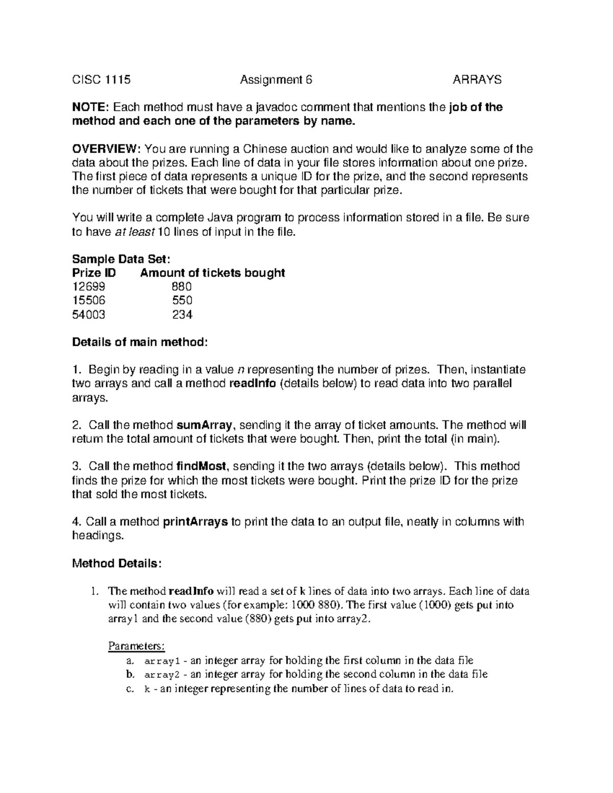 Ass6 - Object Oriented Programming - CISC 1115 Assignment 6 ARRAYS NOTE ...