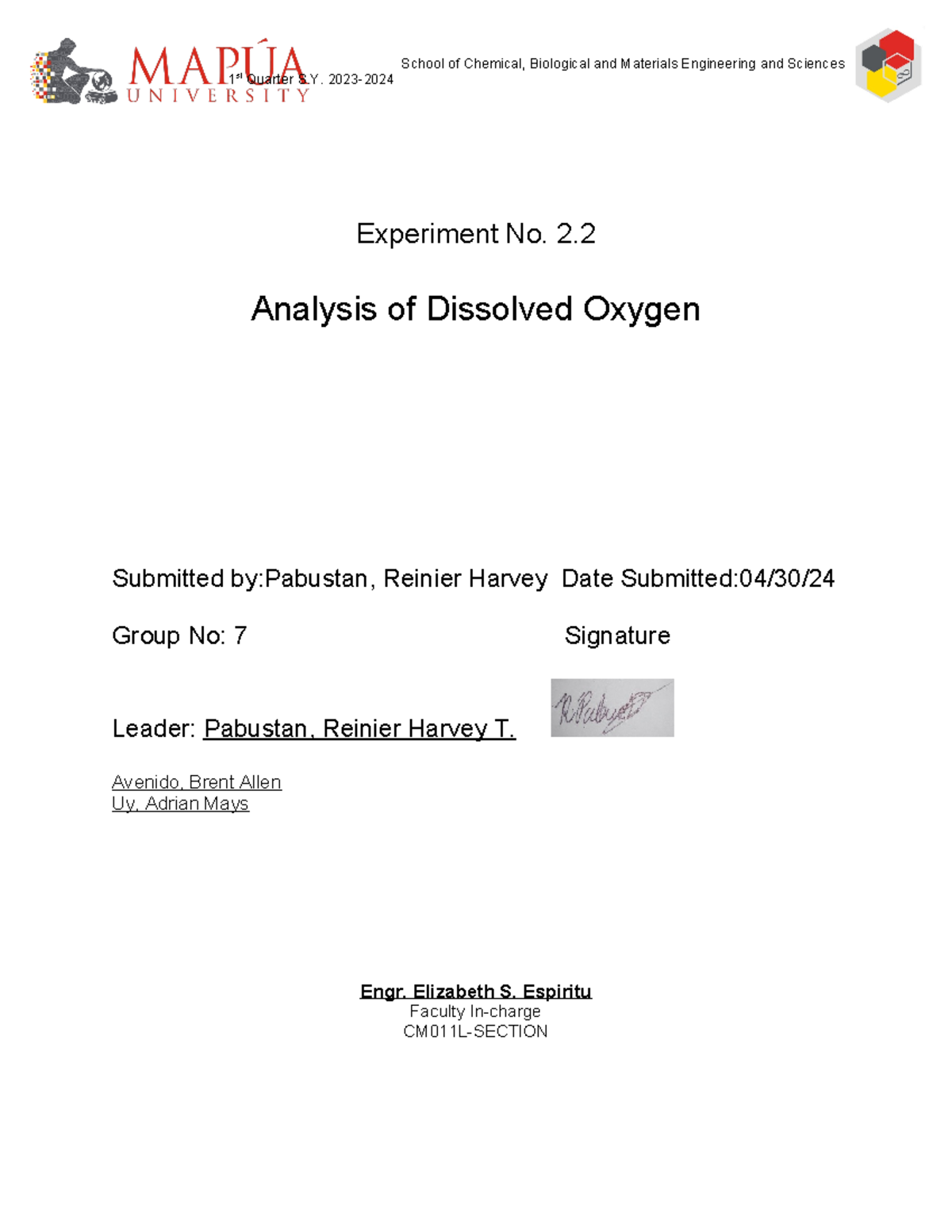 Final Report 2 - 1 st Quarter S. 2023- Experiment No. 2. Analysis of ...