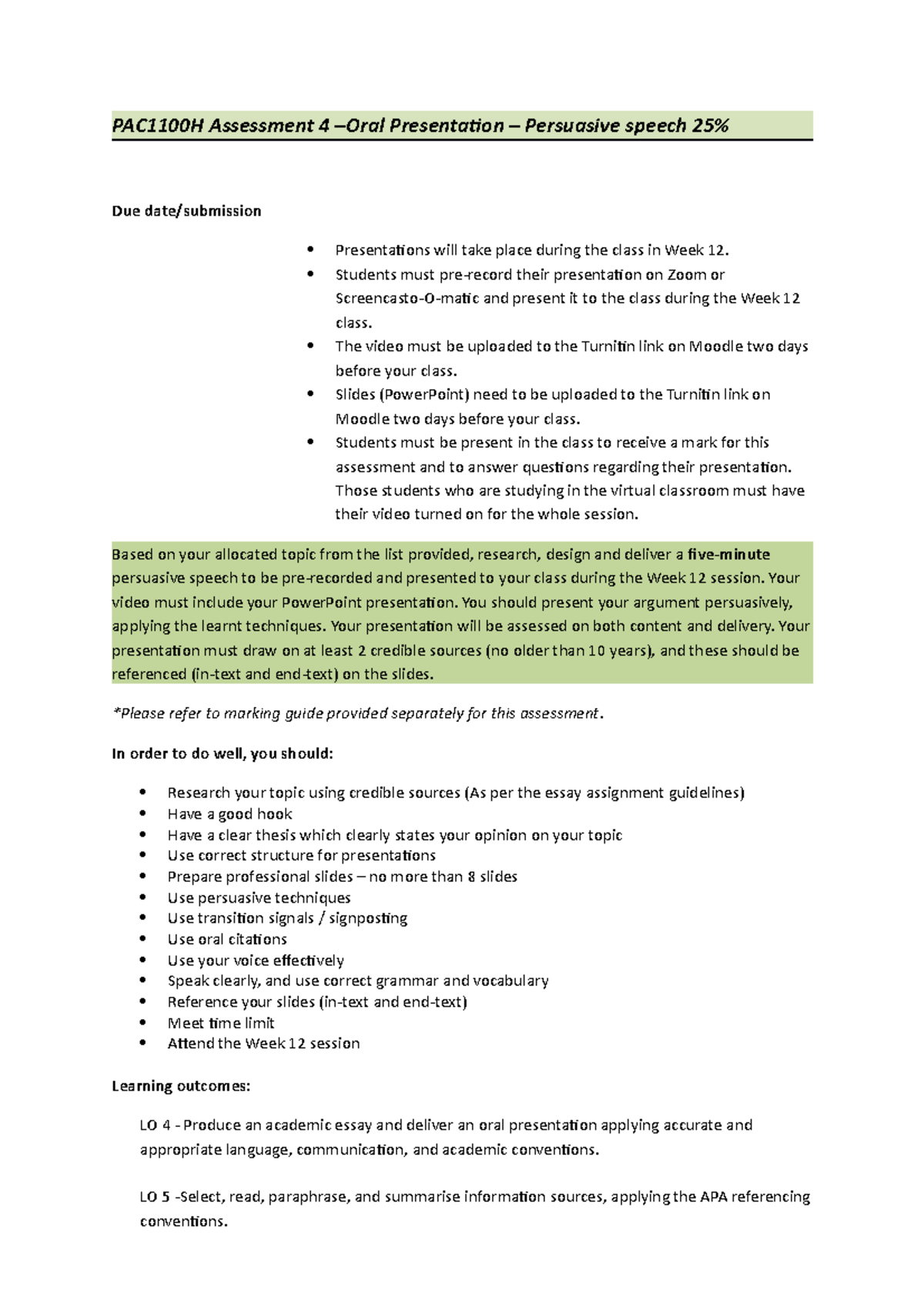 Persuasive speech handout 03 2020 - PAC1100H Assessment 4 –Oral ...